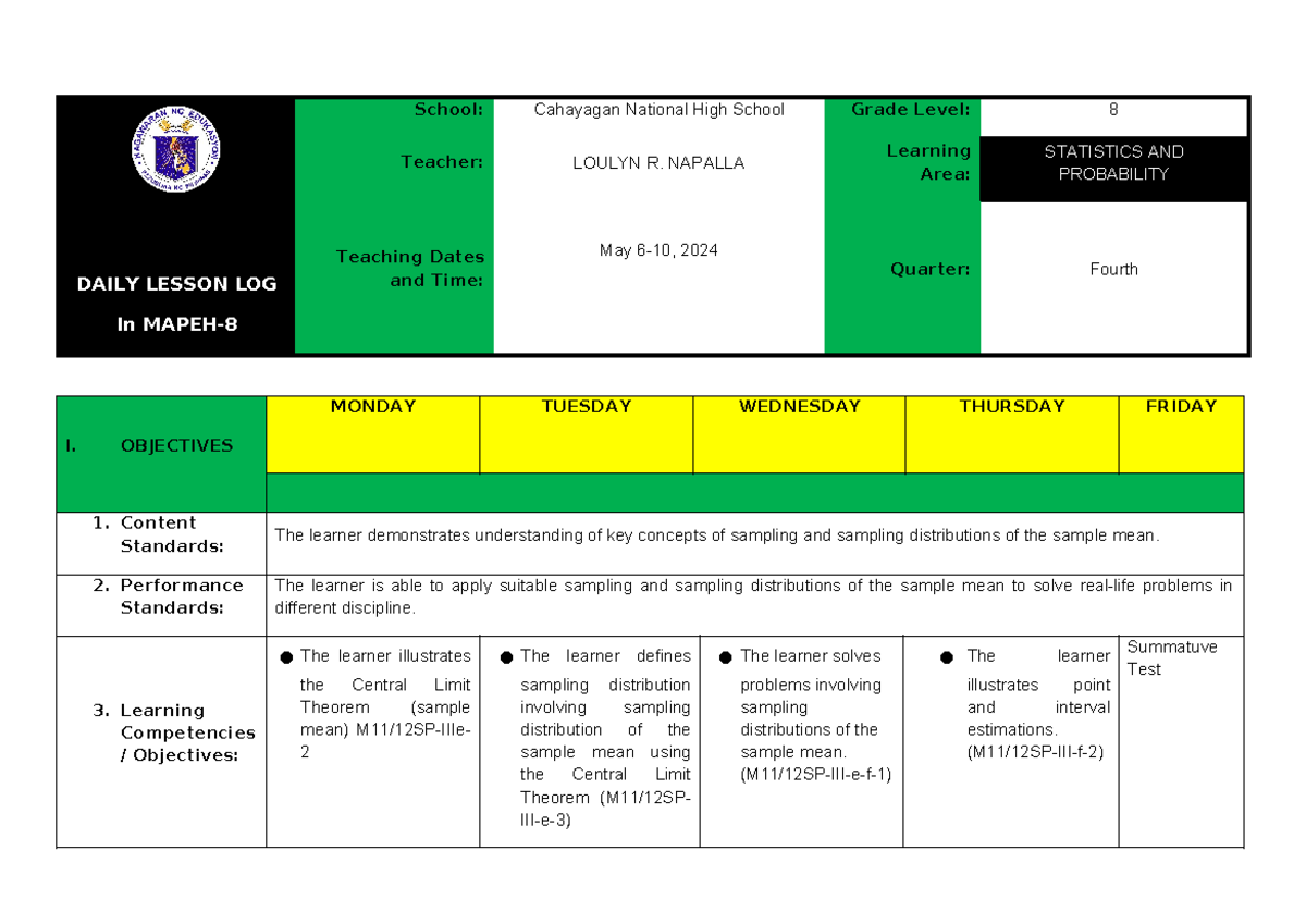 STAT DLL - Daily Lesson Plan in Statistics and Probability - DAILY ...