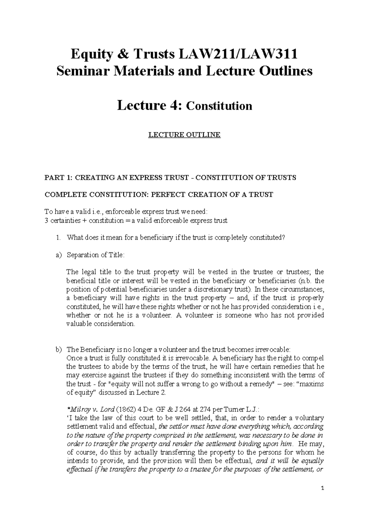 2023 24 - Constitution - Materials and Lecture Outlines-1 - Equity & Trusts LAW211/LAW Seminar ...
