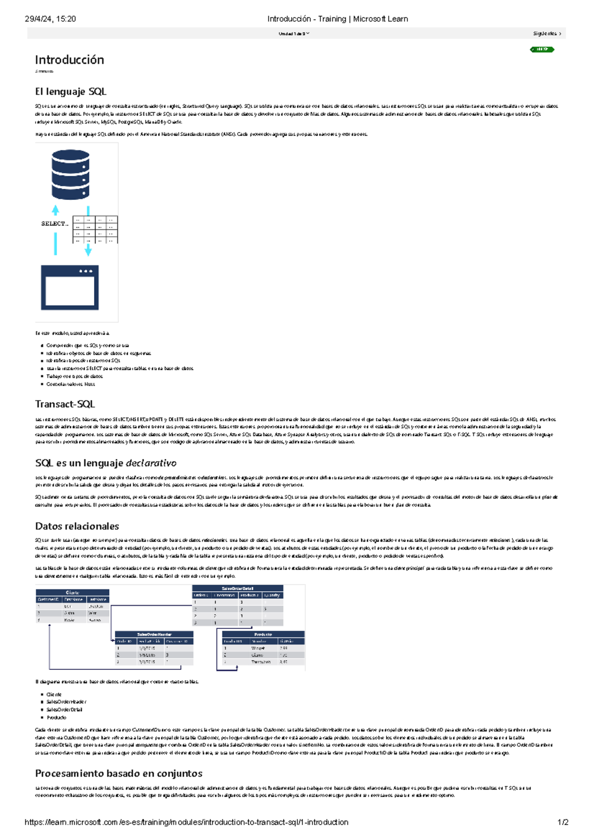 Lenguaje SQL - Base de datos SQL - Unidad 1 de 9 S Siguientes T ...