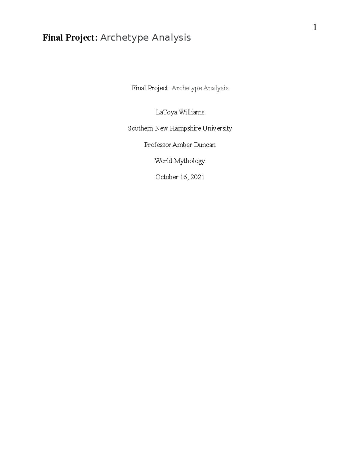 World Mythology Final Project - Final Project: Archetype Analysis Final ...