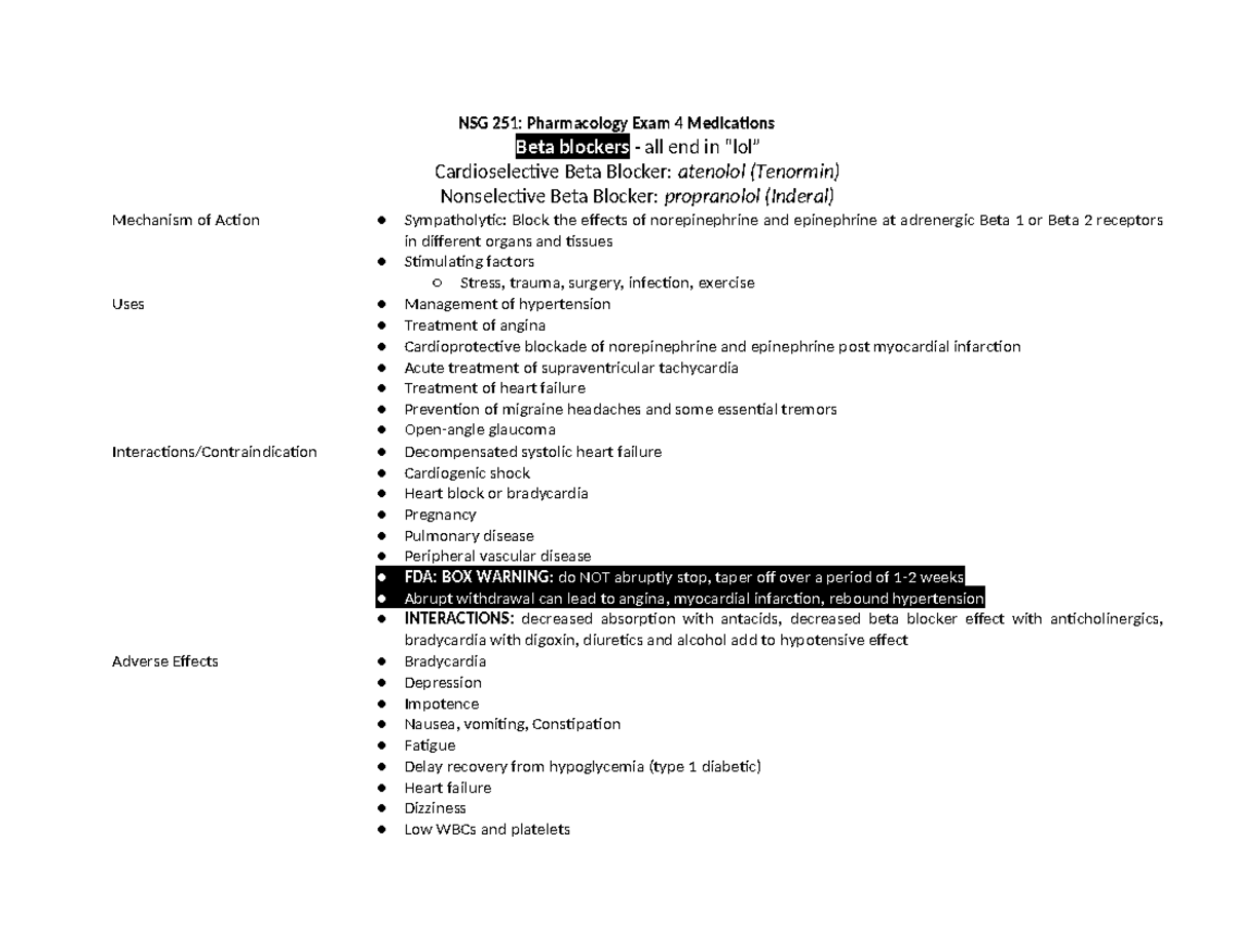 Exam 4 Medications - NSG 251: Pharmacology Exam 4 Medications Beta ...