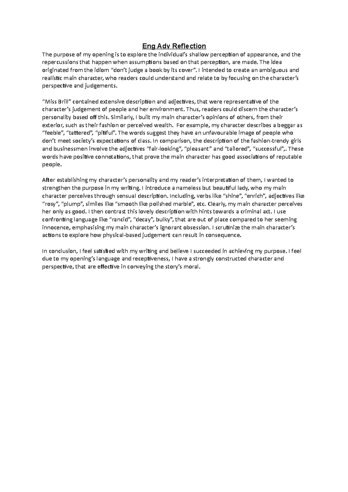 Opening reflection - Eng Adv Reflection The purpose of my opening is to ...