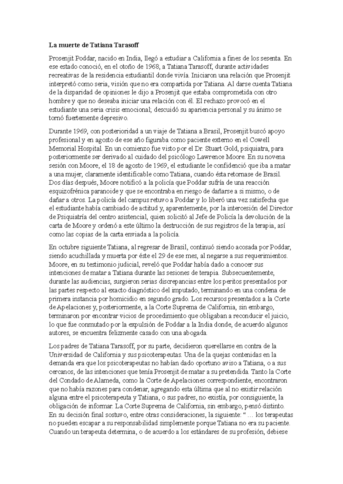 Caso Tarasoff - caso - La muerte de Tatiana Tarasoff Prosenjit Poddar ...