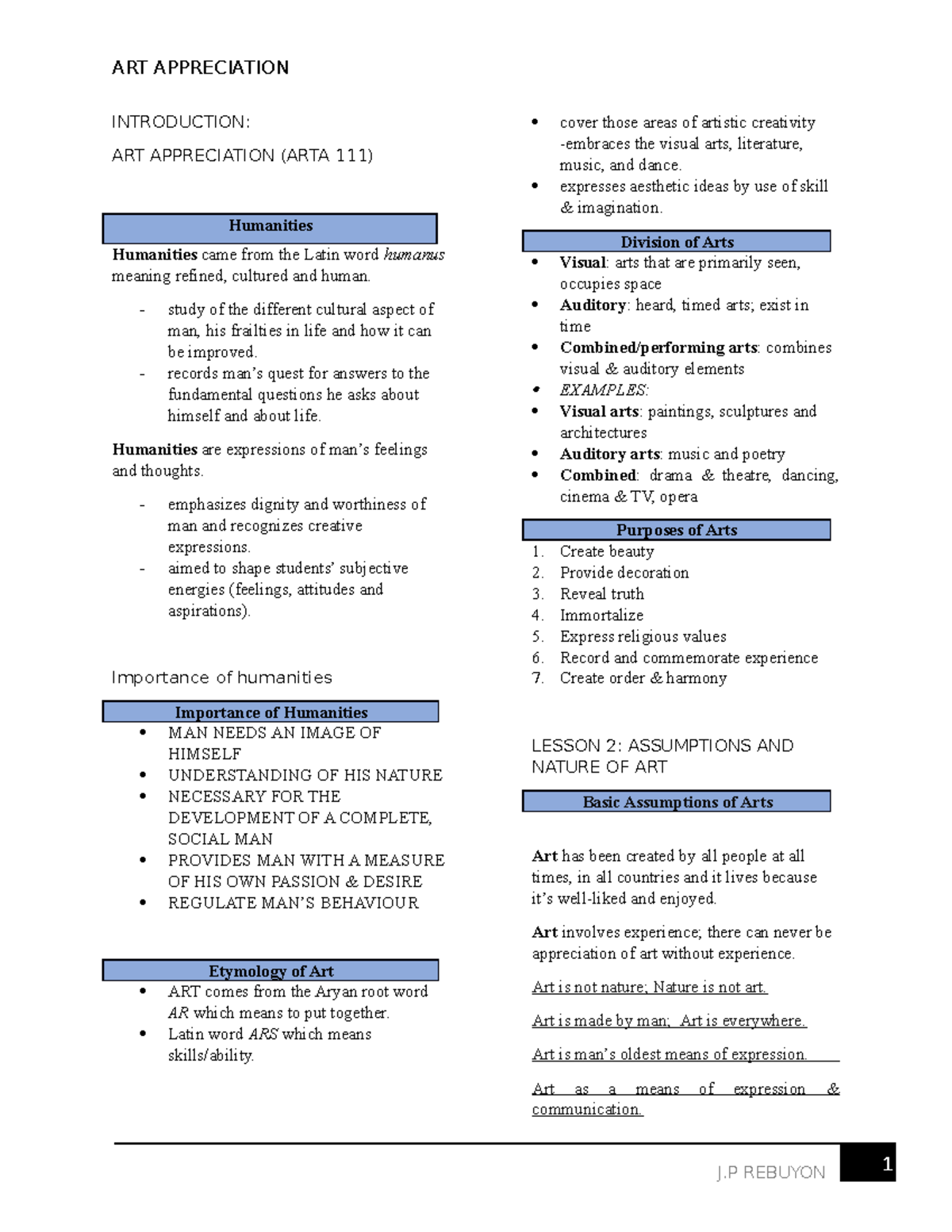 ARTA Reviewer ( Prelims) - BSN1 - INTRODUCTION: ART APPRECIATION (ARTA 111) Humanities ...