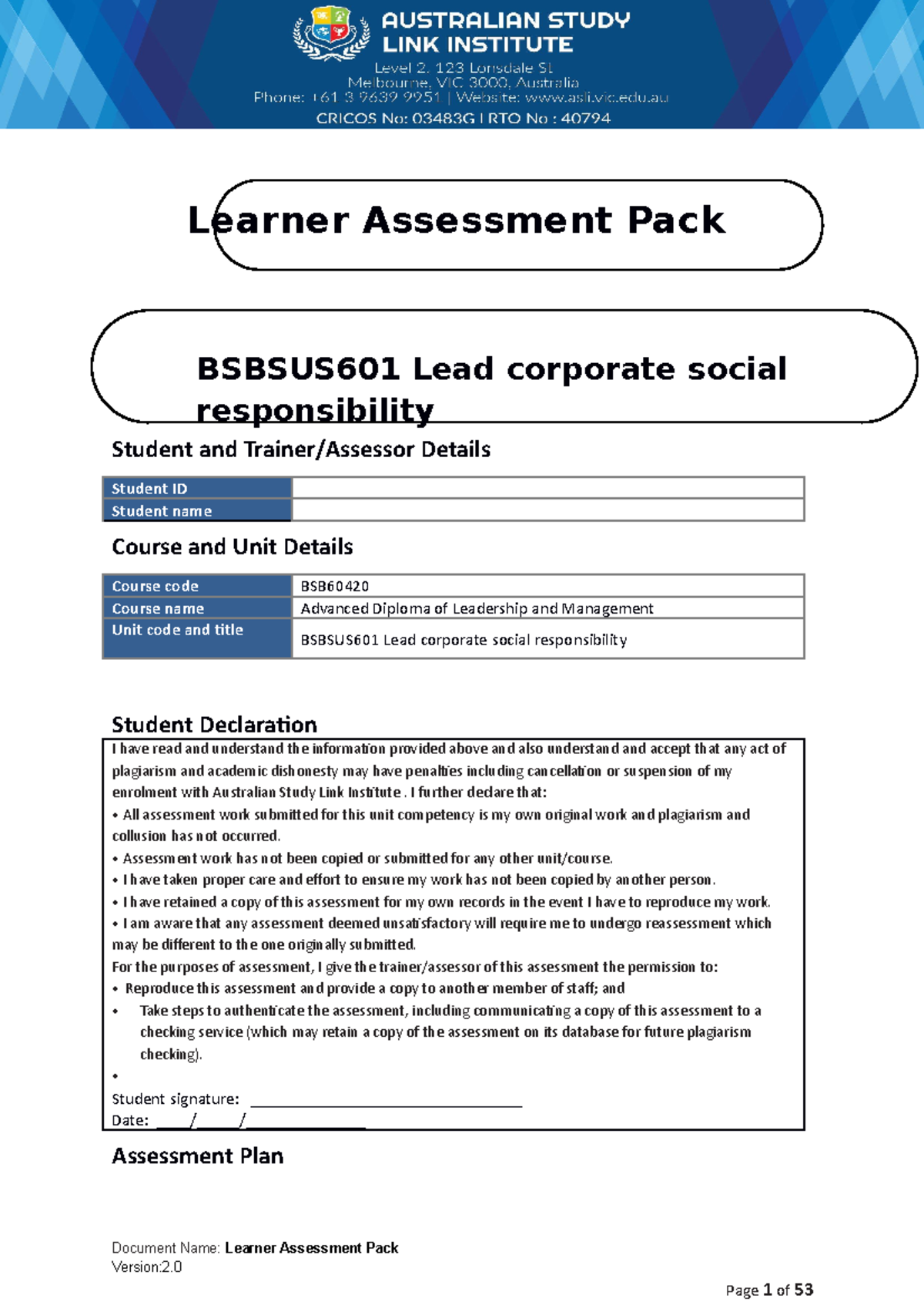 Bsbsus 601 LAP F v1 - Student and Trainer/Assessor Details Student ID ...