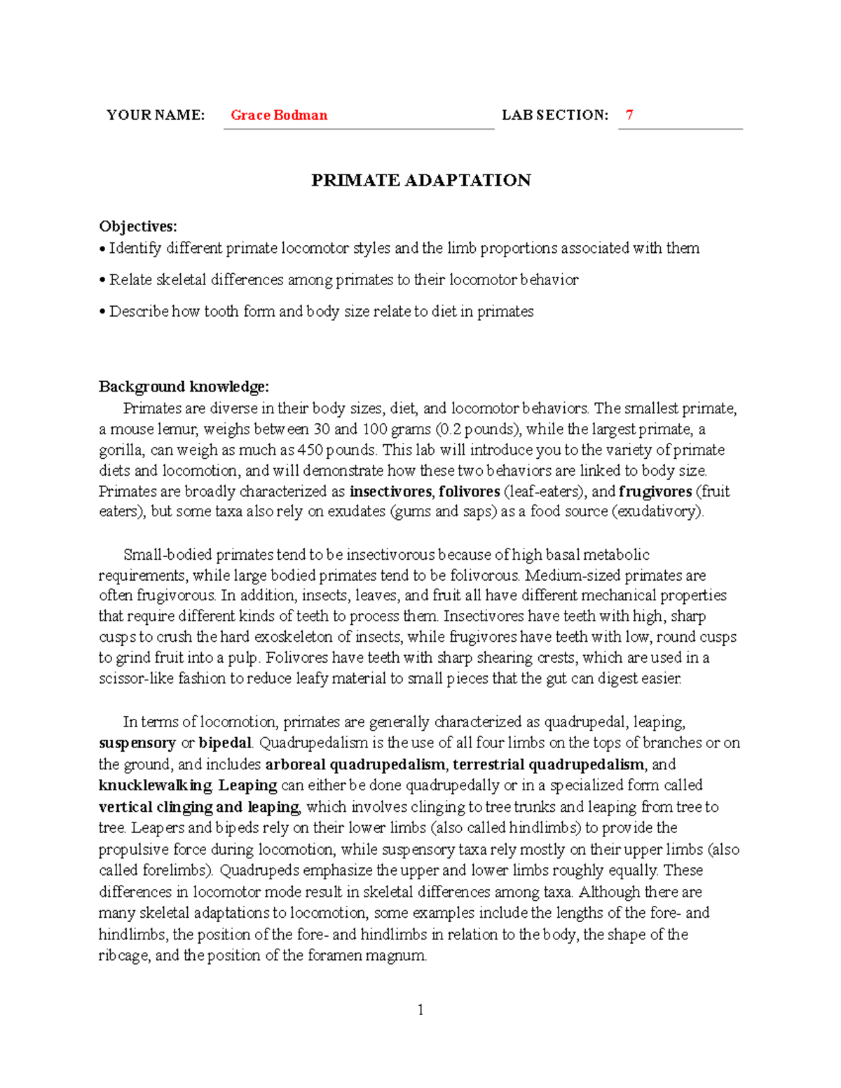 Primate Adaptation Lab- Student updated January 2024 - PRIMATE ...