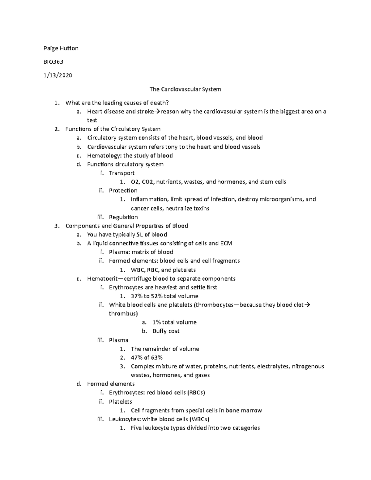 BIO363 Cardiovascular System - Paige Hutton BIO 1/13/ The ...