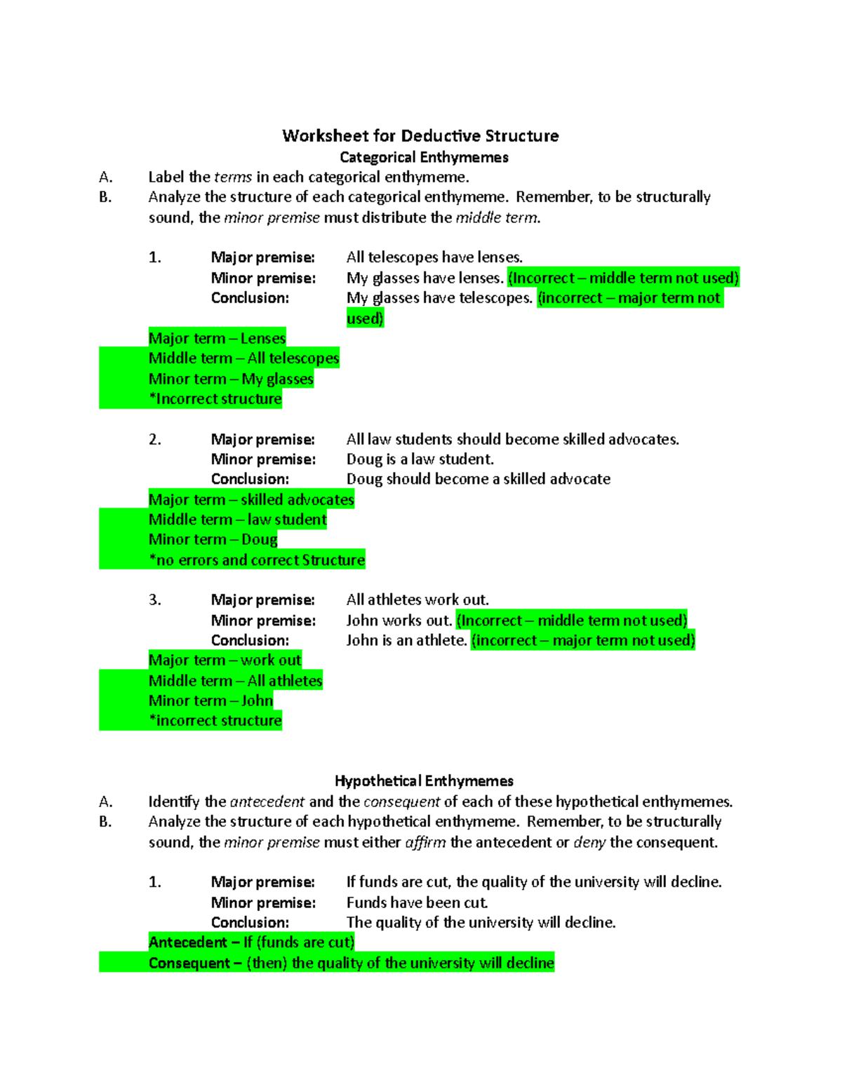 Worksheet for Deductive Structure - B. Categorical Enthymemes Label the ...
