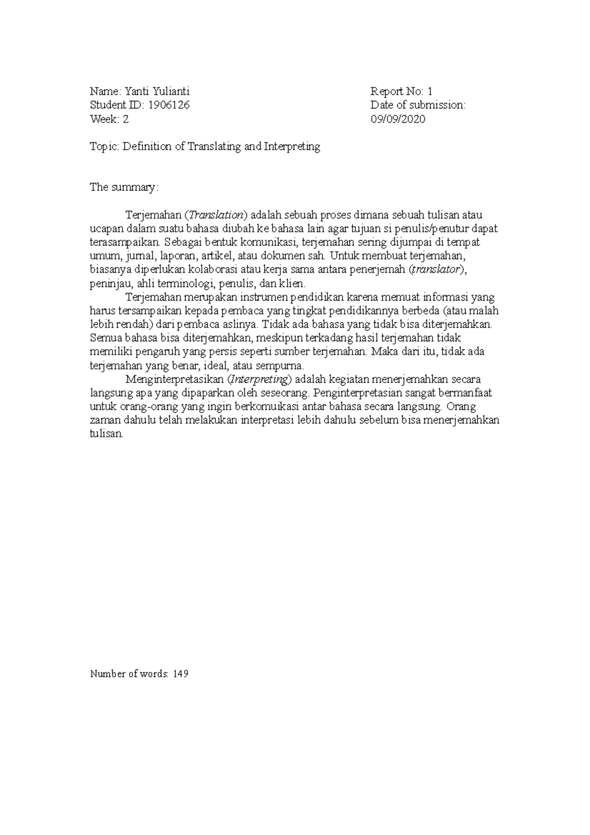 Chapter report Definition of Interpreting and translating - Name: Yanti Yulianti Student ID ...
