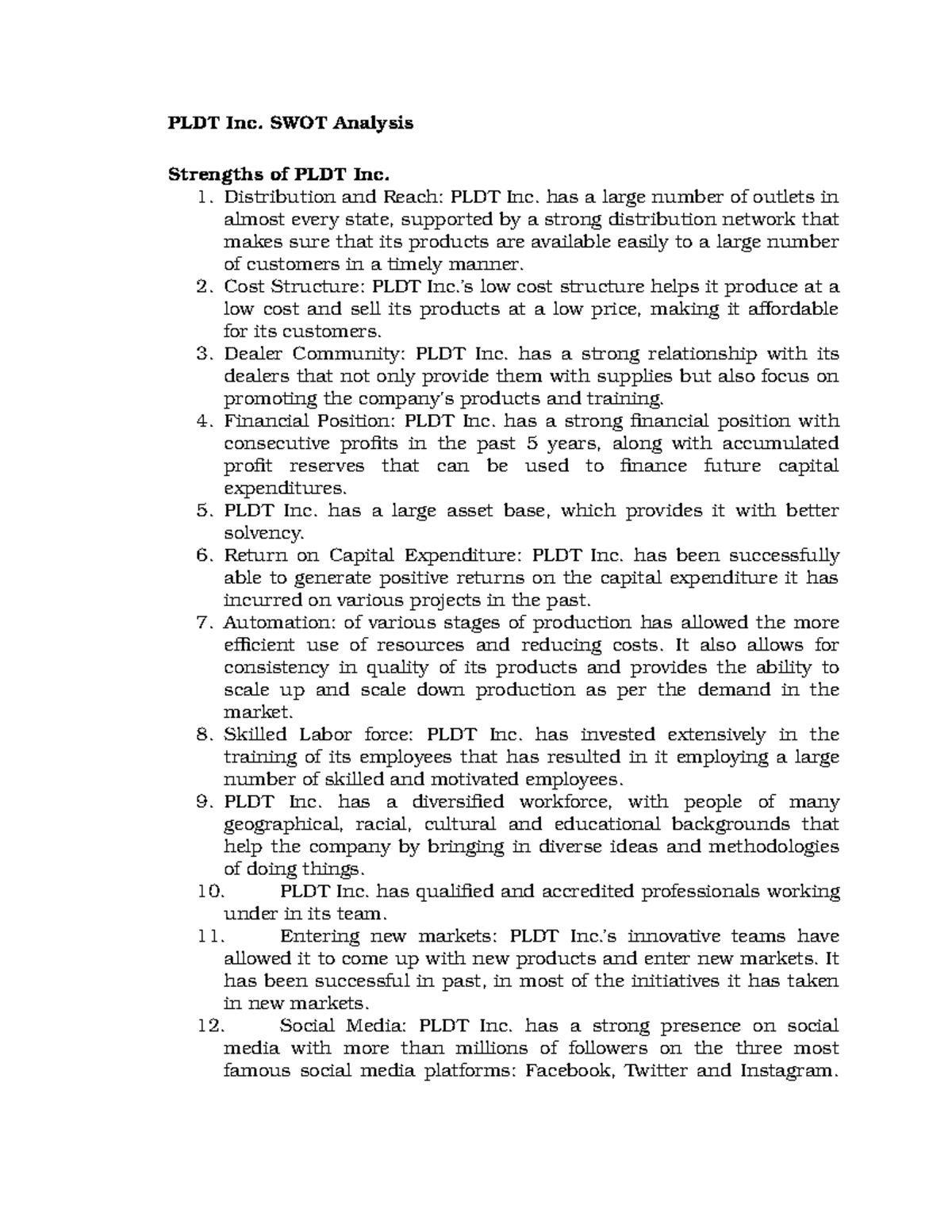 PLDT Incorporation-SWOT-Analysis 2021 - PLDT Inc. SWOT Analysis ...