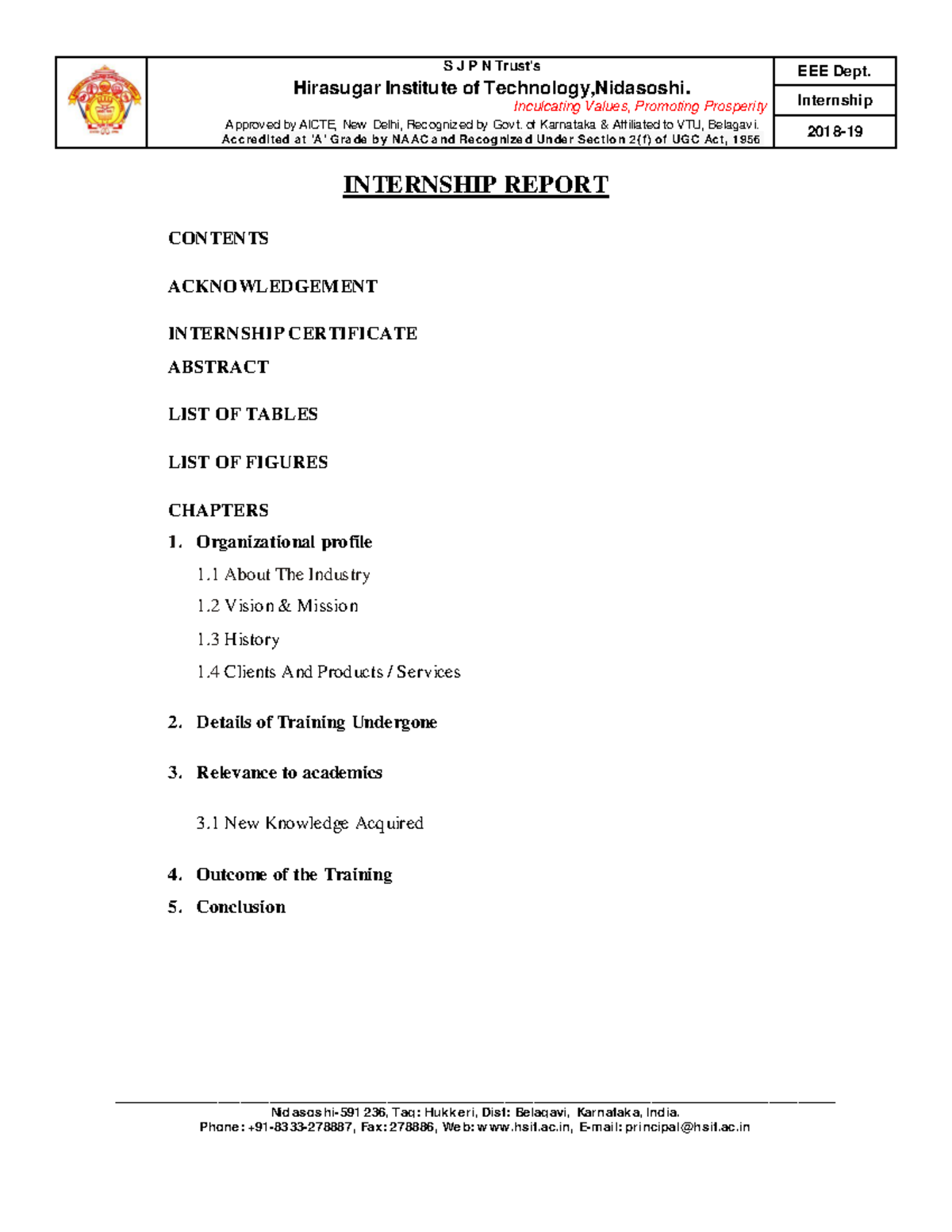 Internship Acknowledgement Report Format - S J P N Trust's Hirasugar ...