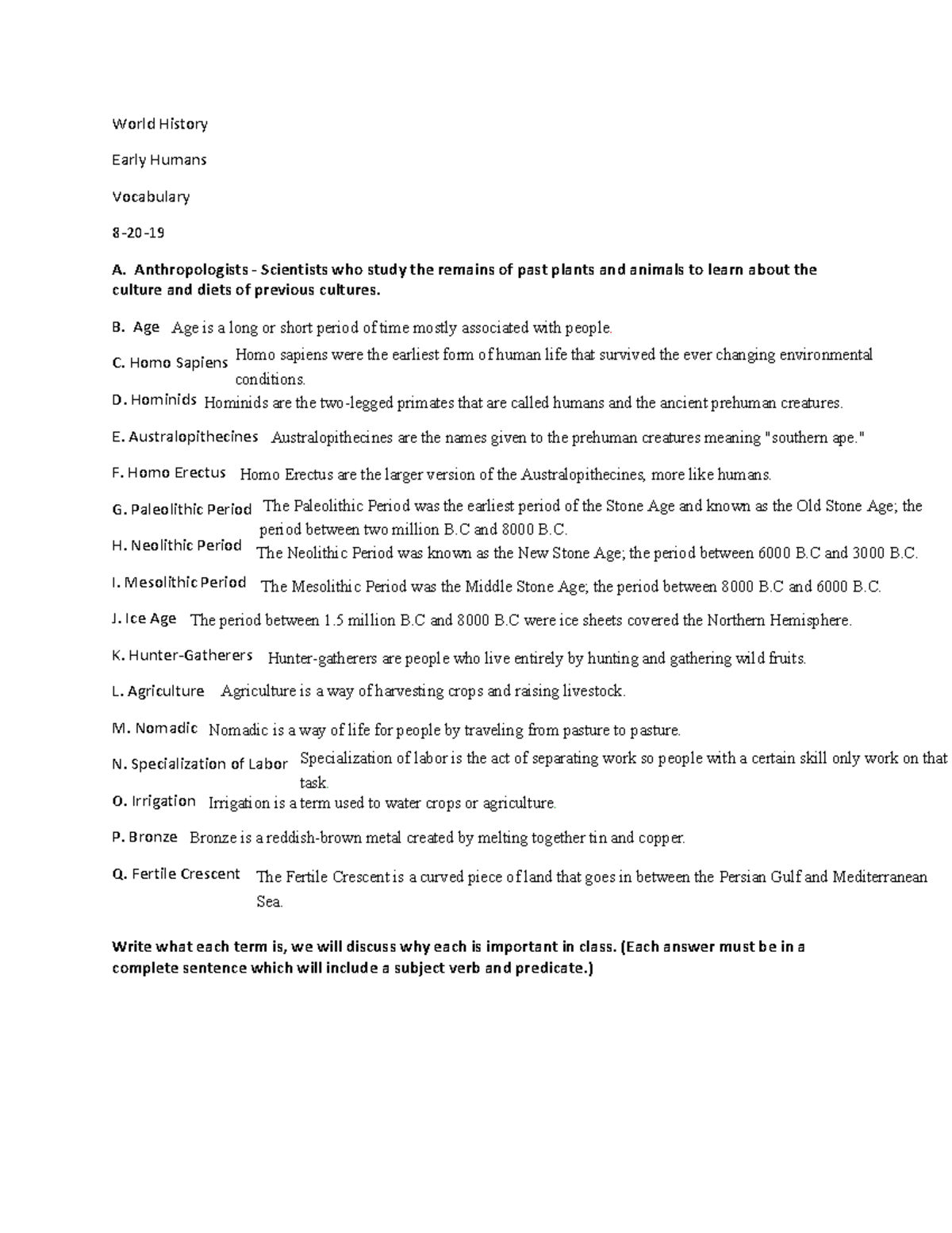 Early Human vocabulary - World History Early Humans Vocabulary 8-20- A ...