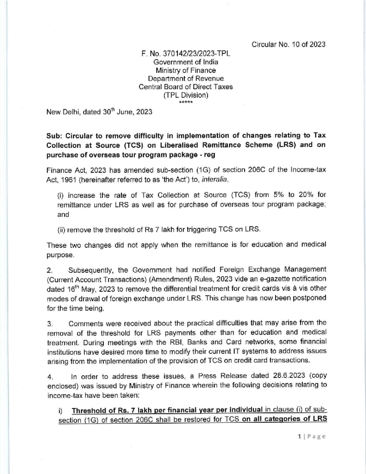 TCS Guidance note as per circular - Circular No. 10 of 2023 F. No. 37 014212312023-TPL ...