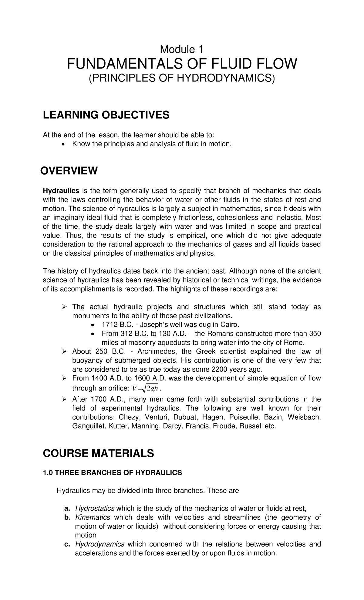 Module 1 sample problems - Module 1 FUNDAMENTALS OF FLUID FLOW ...