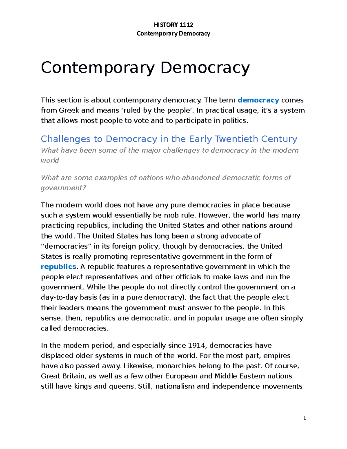 HIST 1112 - Contemporary Democracy - Contemporary Democracy ...