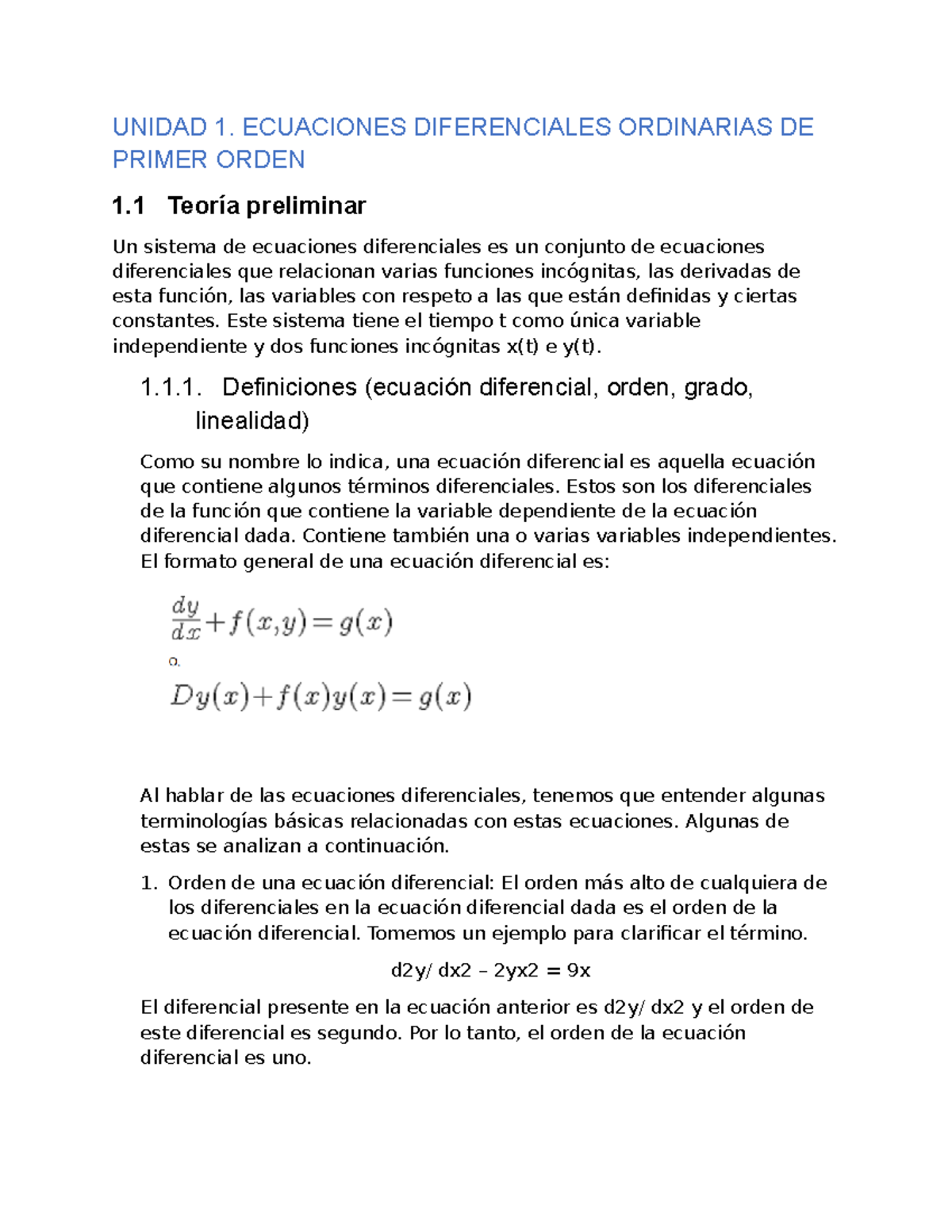 Ecuaciones Diferenciales Ordinarias DE Primer Orden - UNIDAD 1. ECUACIONES DIFERENCIALES ...