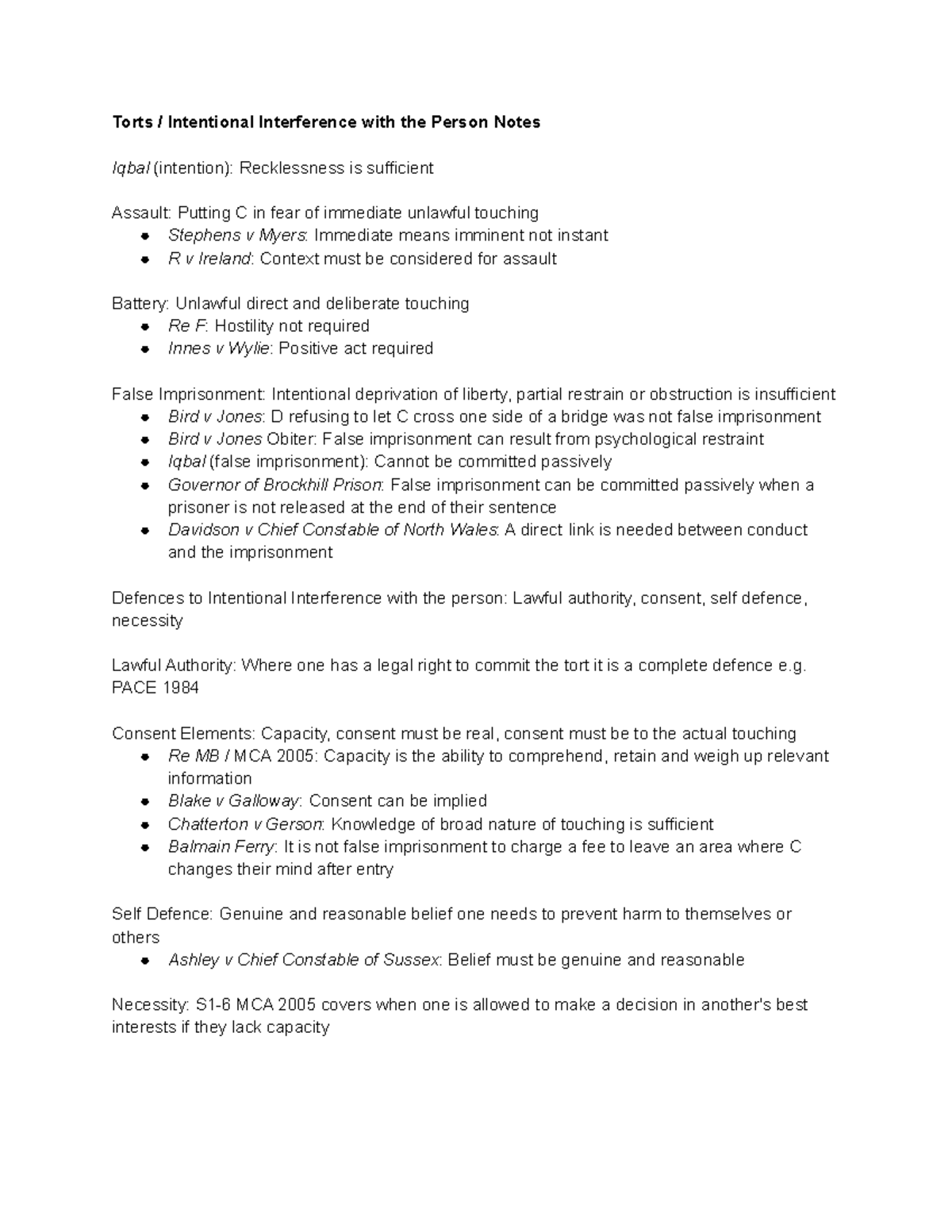 Torts Intentional Interference with the Person Notes - PACE 1984 ...