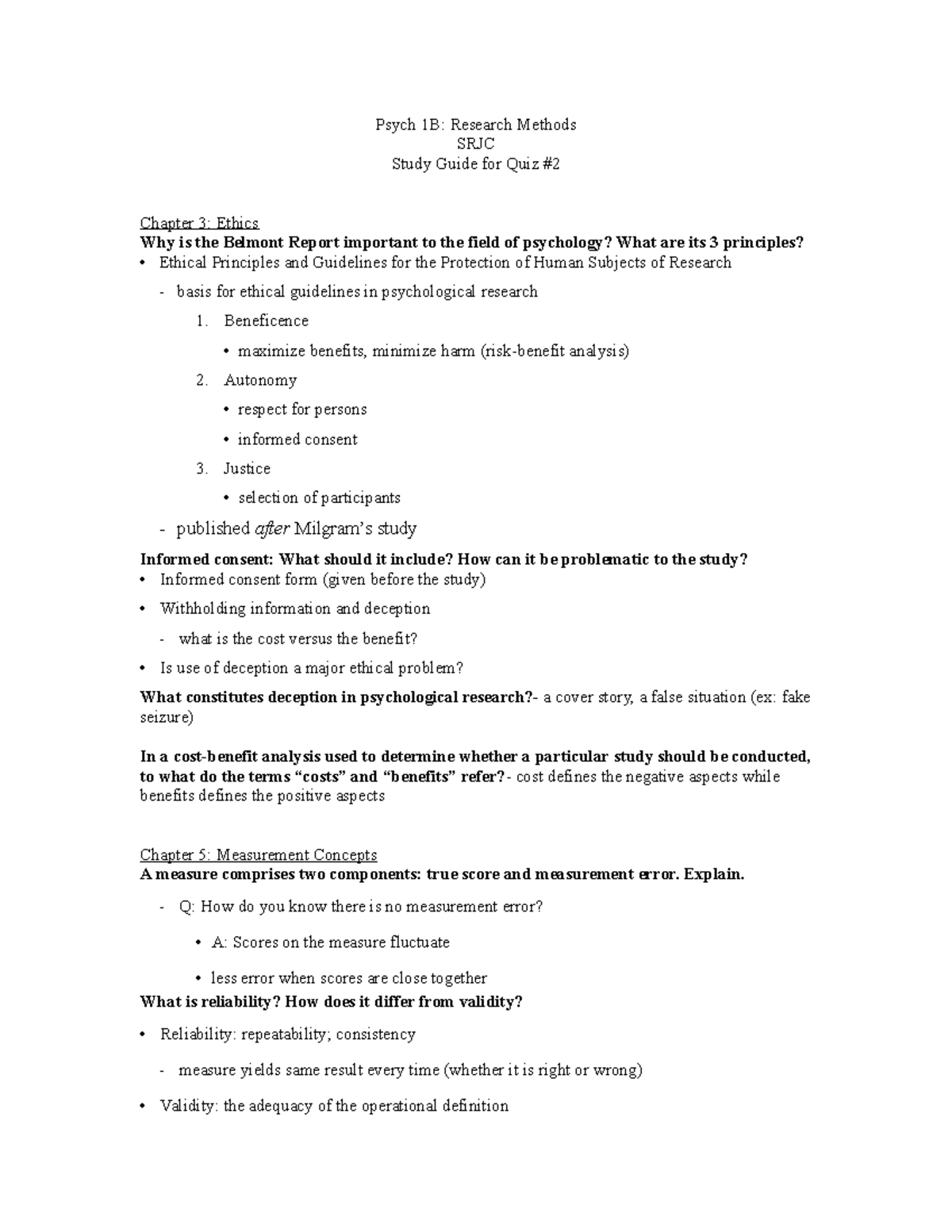 Psych 1B- Quiz 2 Study Guide - Psych 1B: Research Methods SRJC Study ...