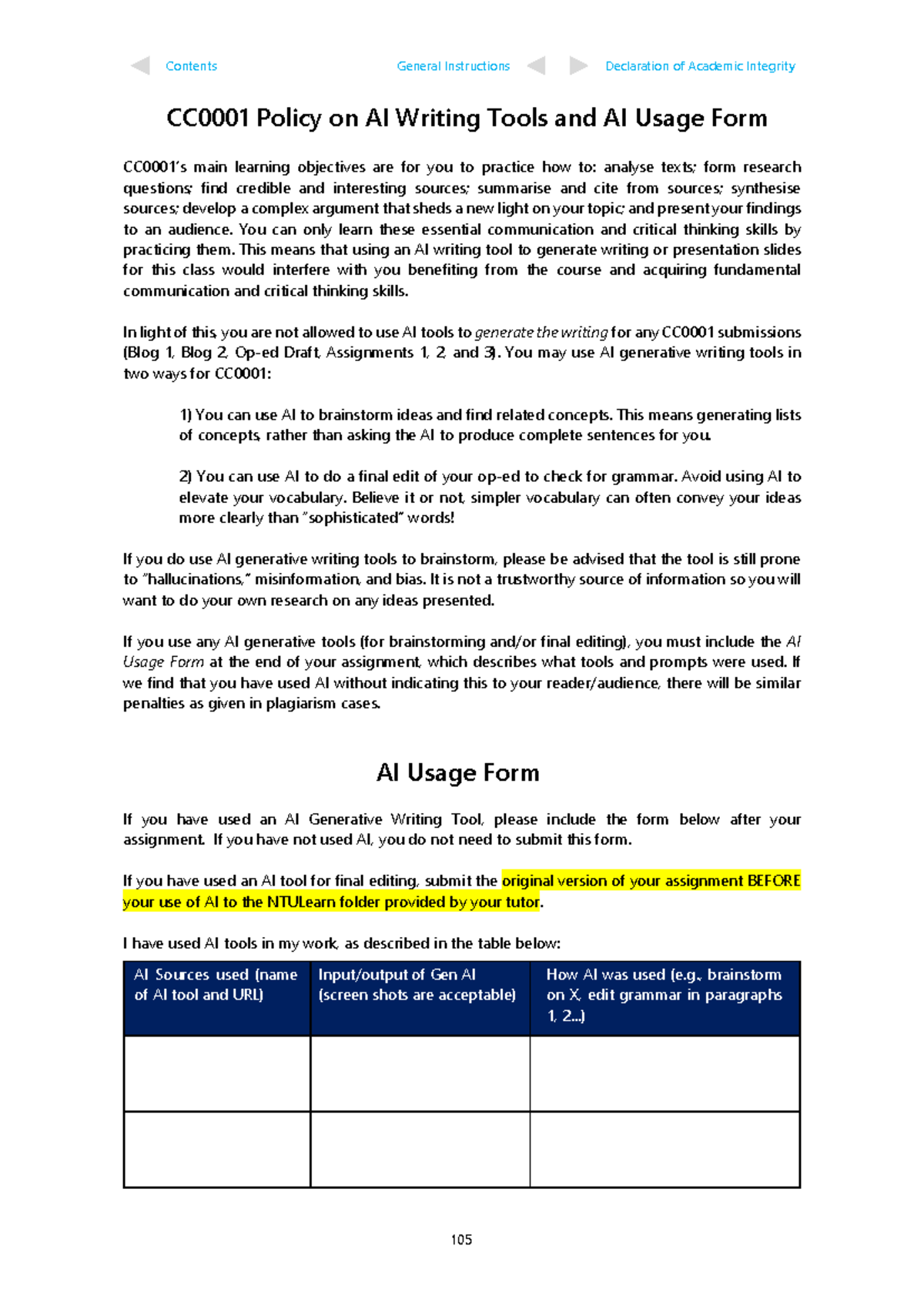 AI Usage and Academic Declaration - Contents General Instructions ...