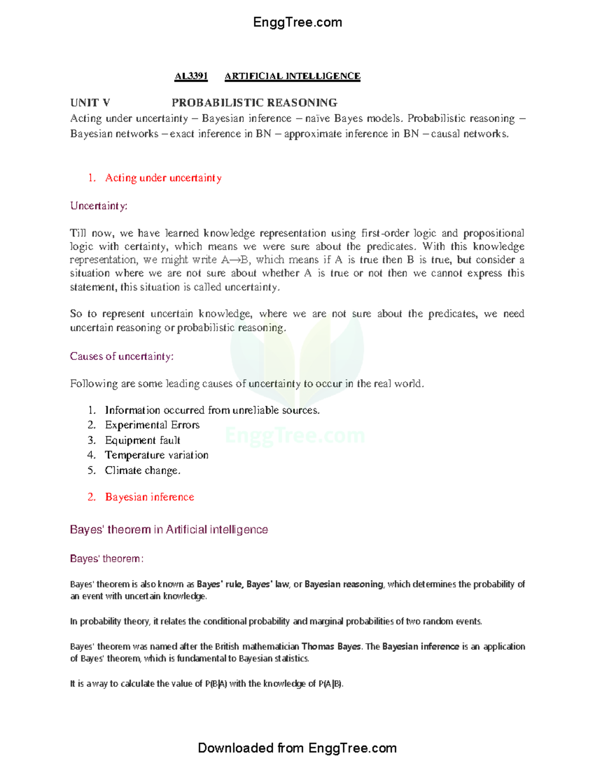 AL3391-Artificial-Intelligence-Unit V - AL3391 ARTIFICIAL INTELLIGENCE UNIT V PROBABILISTIC ...