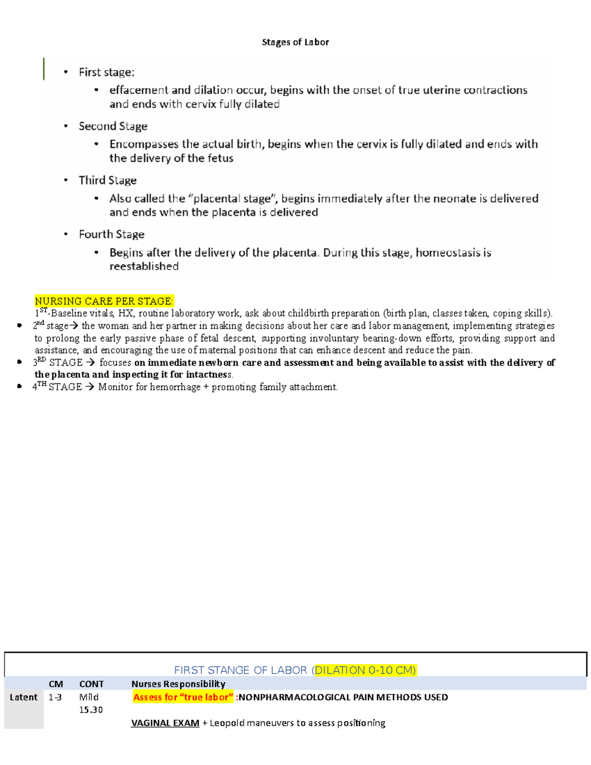 Stages of Labor Study Guide - Stages of Labor NURSING CARE PER STAGE: 1 ...
