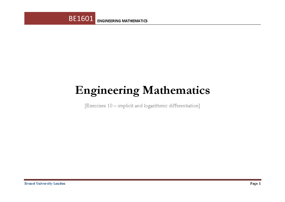 Exercises Week 10 Implicit And Logarithmic Diff Solutions Engineering Mathematics 