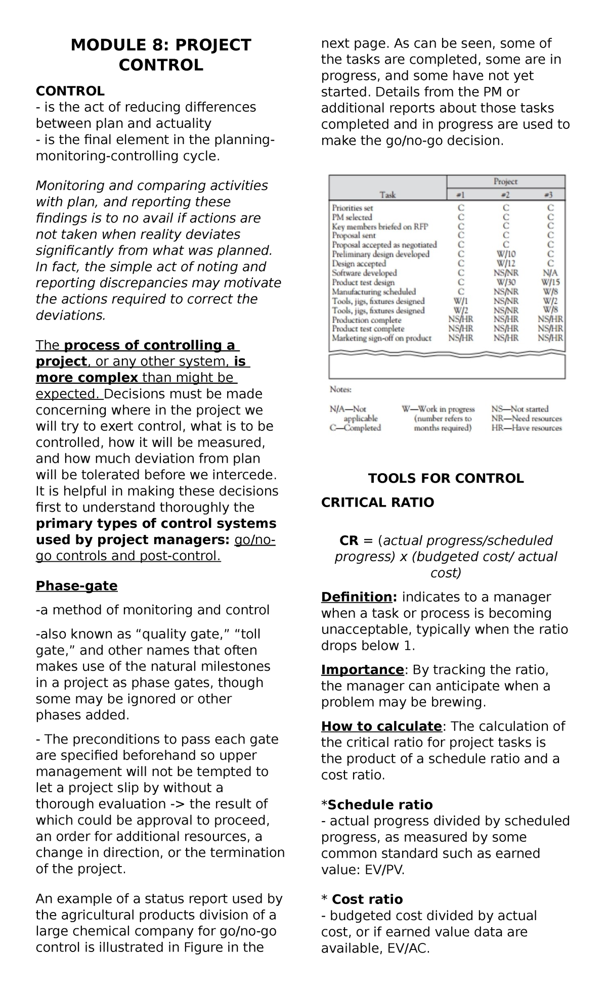 PM Finals - MODULE 8: PROJECT CONTROL CONTROL is the act of reducing ...