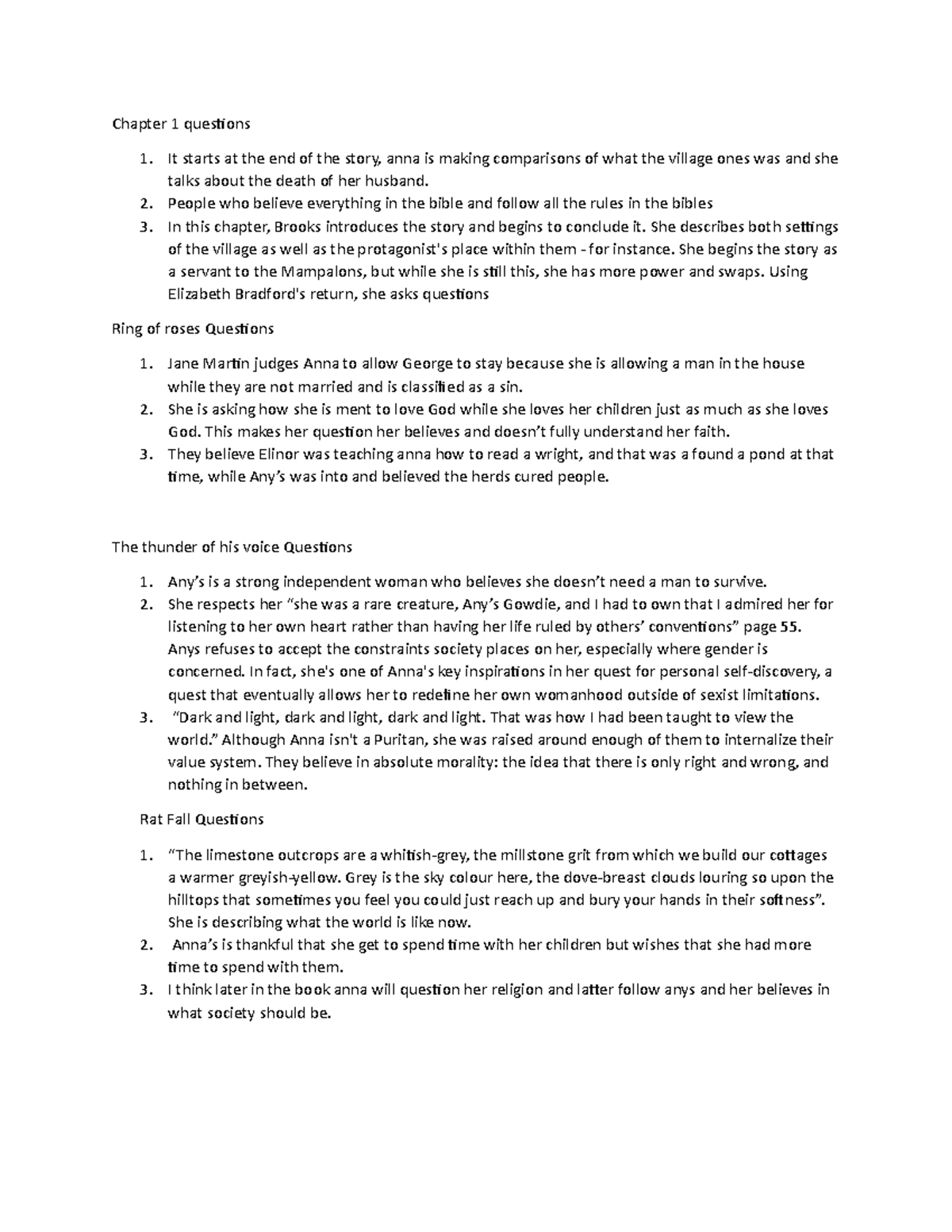 Year of wonders questions - Chapter 1 questions It starts at the end of ...