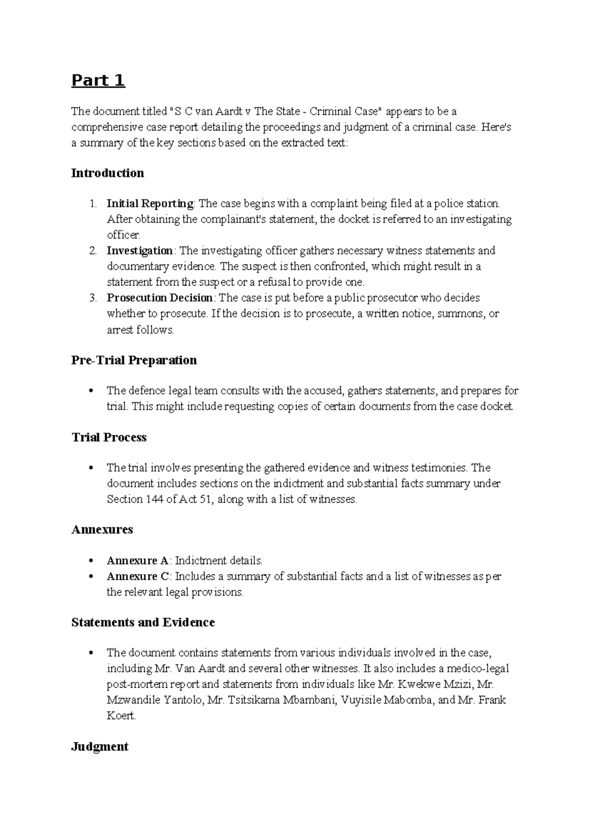 Trial prep - Part 1 The document titled "S C van Aardt v The State ...