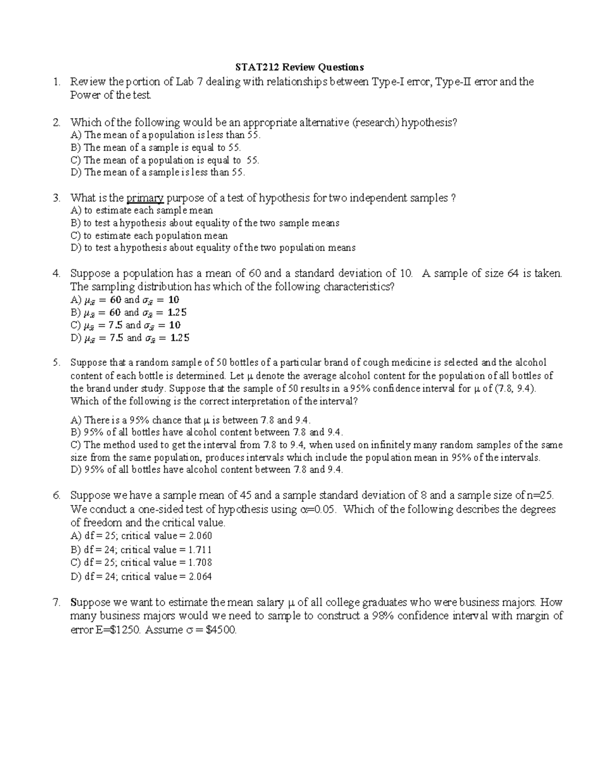 Exam 2 review problems - This is for exam 2 - STAT212 Review Questions ...