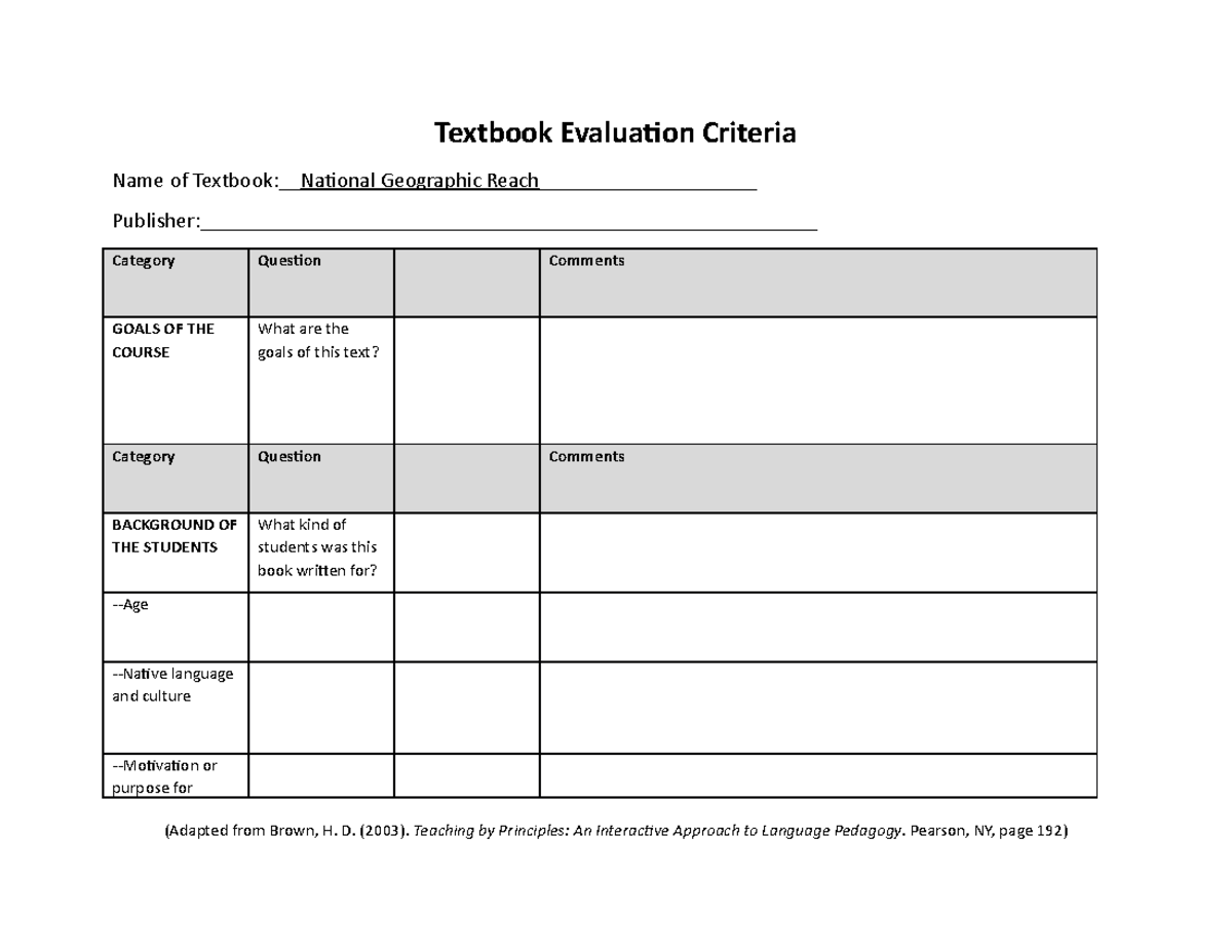 Textbook Evaluation Table - Textbook Evaluation Criteria Name of ...