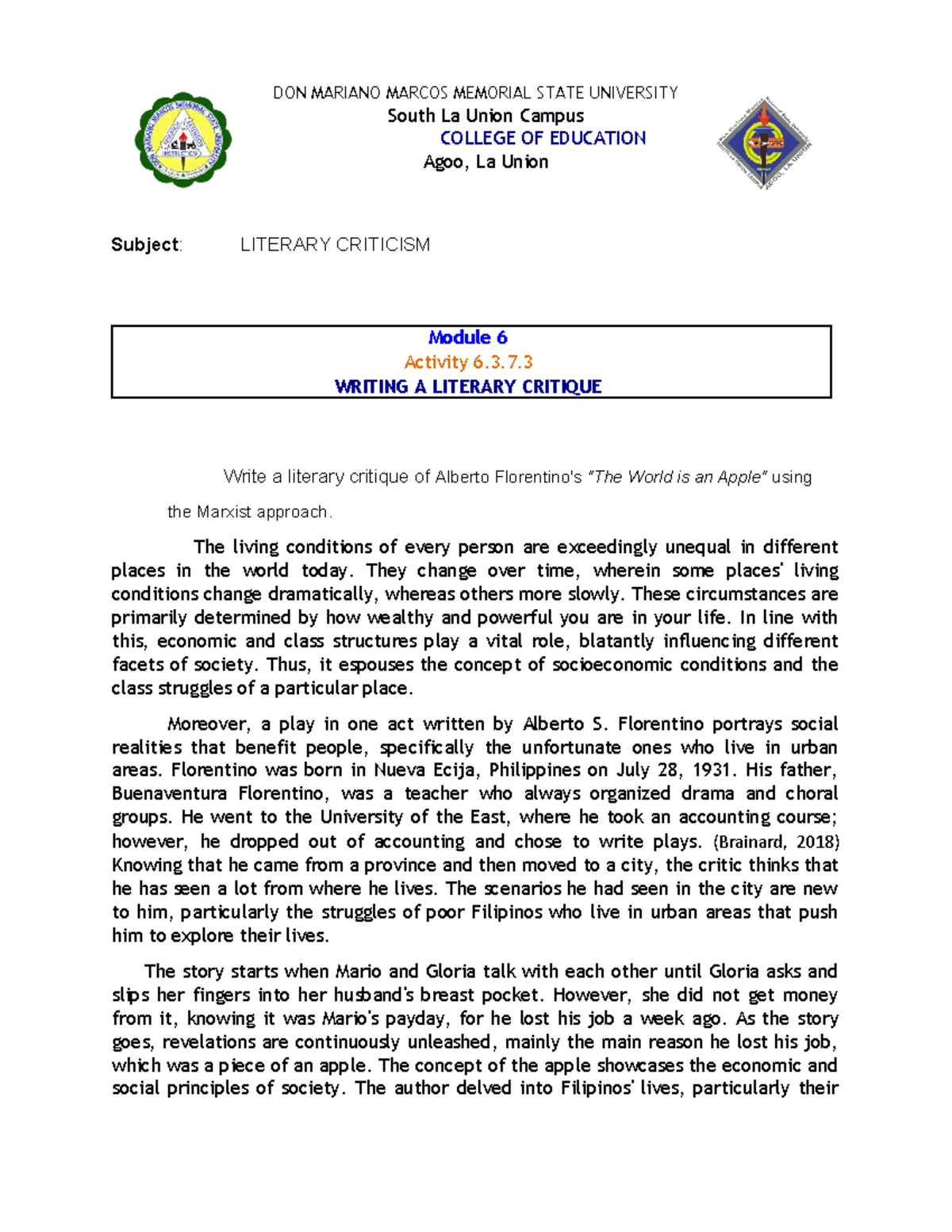 Literary Critique OF Alberto Florentino'S THE World IS AN Apple Using ...