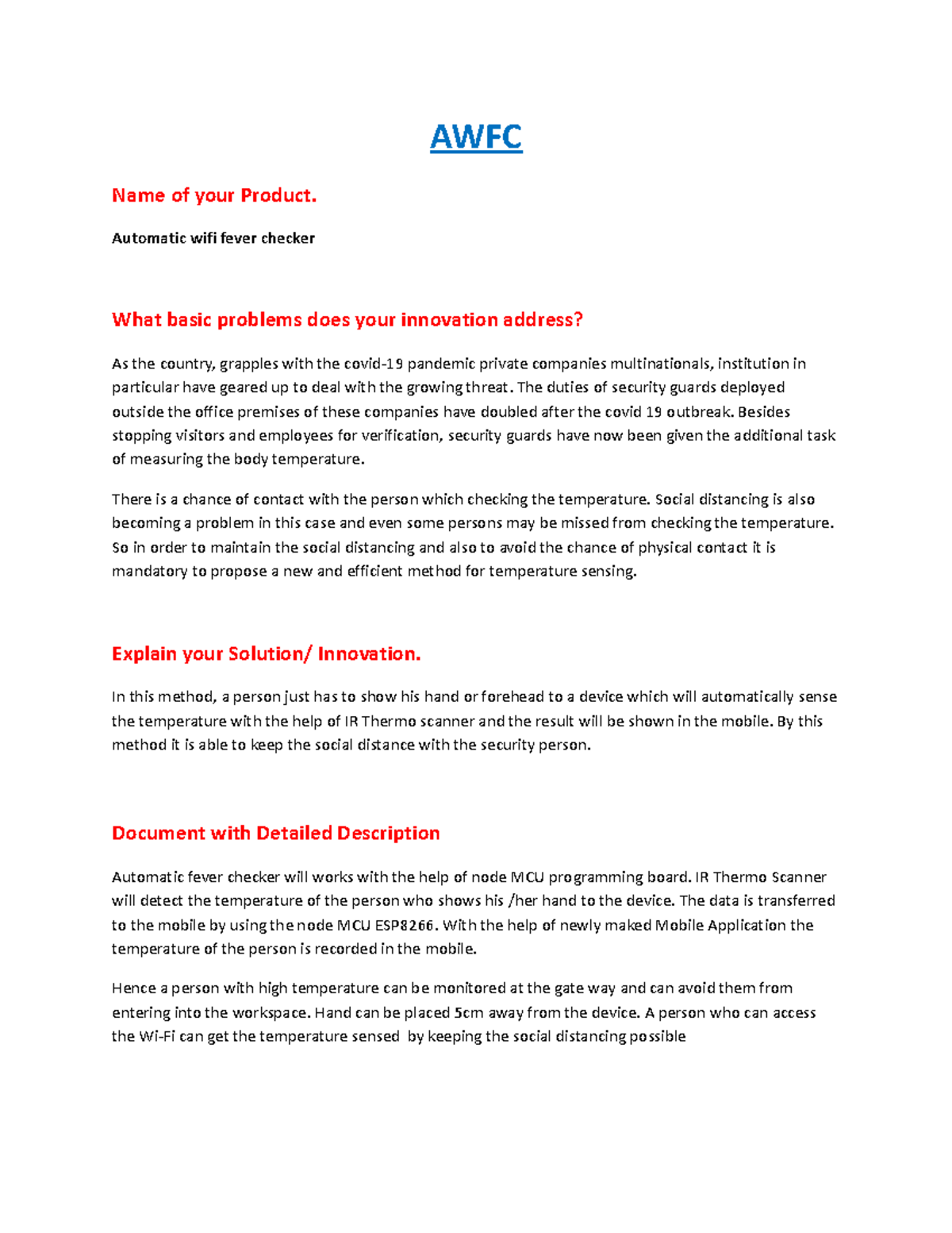 AWFC - AWFC Name of your Product. Automatic wifi fever checker What ...