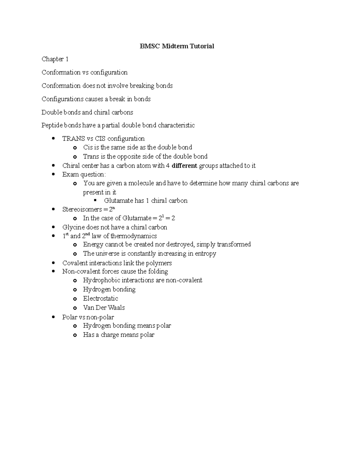 BMSC Midterm Tutorial - L.N. - BMSC Midterm Tutorial Chapter 1 Conformation vs configuration ...