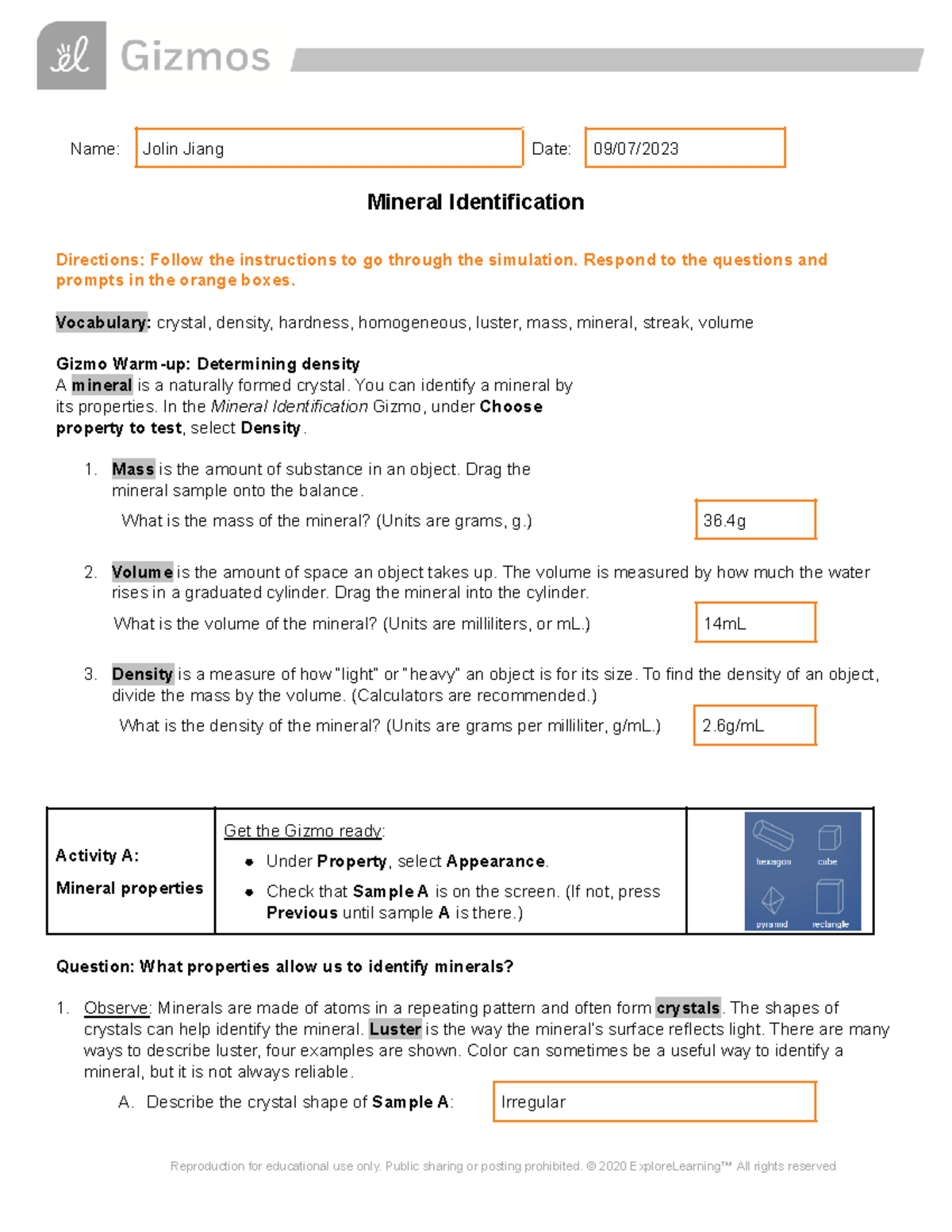 Mineral Identification Gizmo - Name: Jolin Jiang Date: 09/07/ Mineral ...