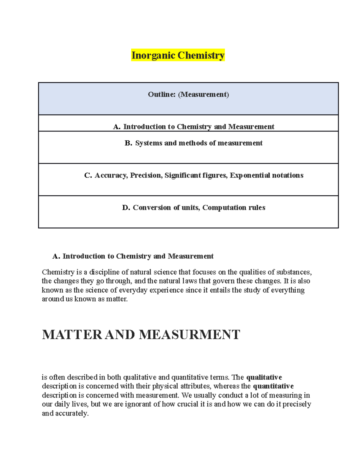 Inorganic Chemistry Module 1 - Inorganic Chemistry Outline ...