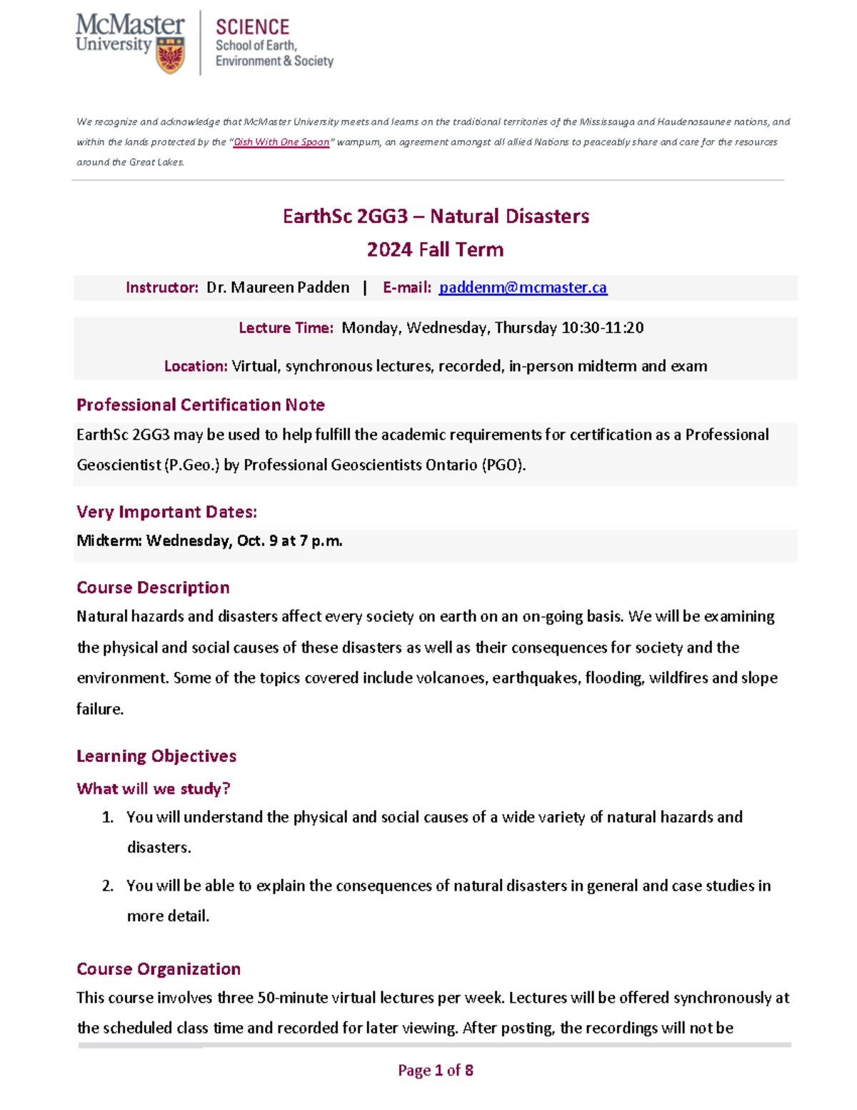 Course Outline Earthsc 2GG3 - We recognize and acknowledge that ...