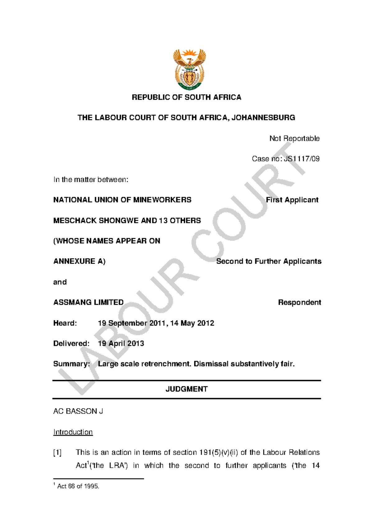 101 - Case law - REPUBLIC OF SOUTH AFRICA THE LABOUR COURT OF SOUTH ...