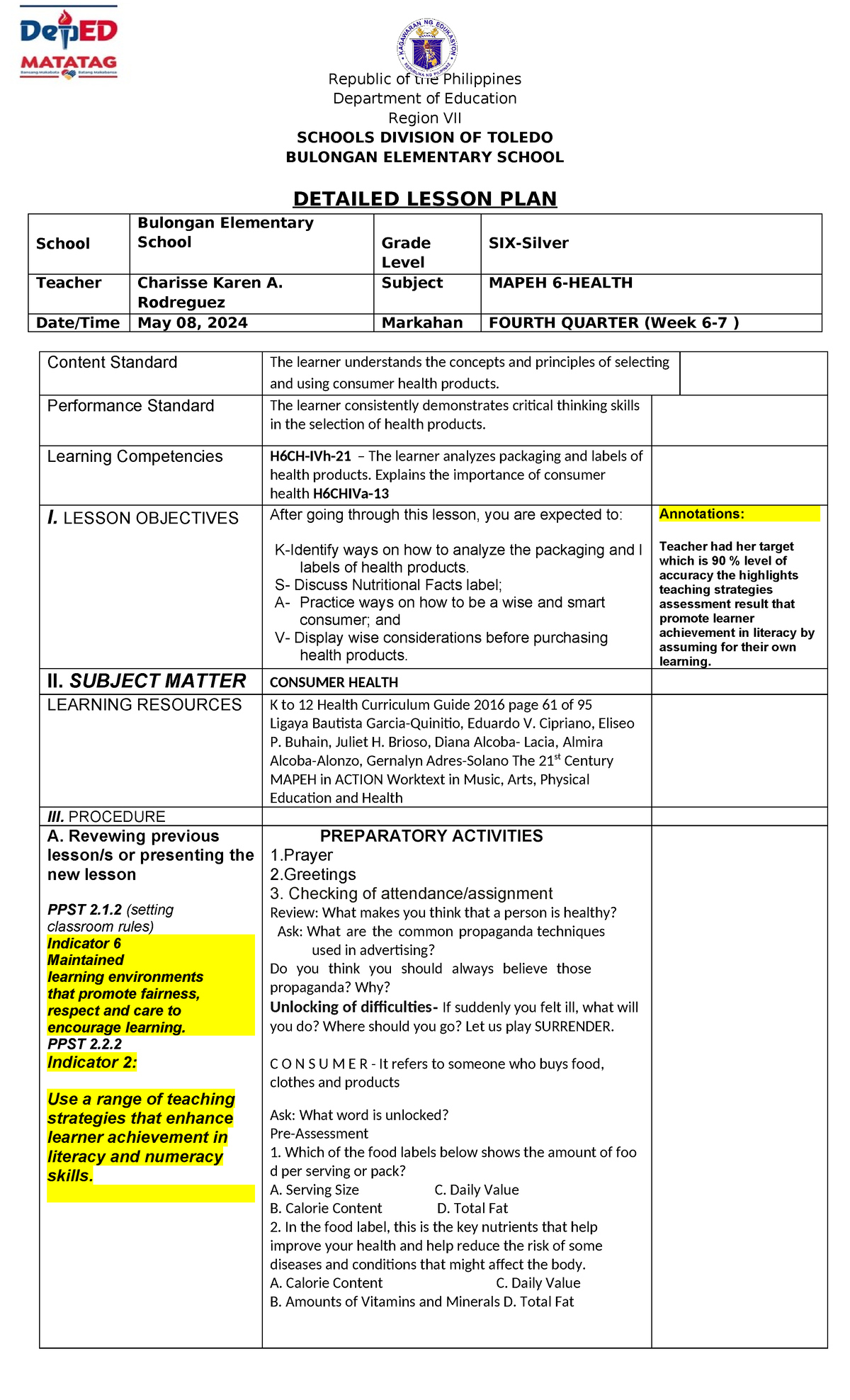 COT- Grade 6 Q4 W8 Health - Republic of the Philippines Department of ...