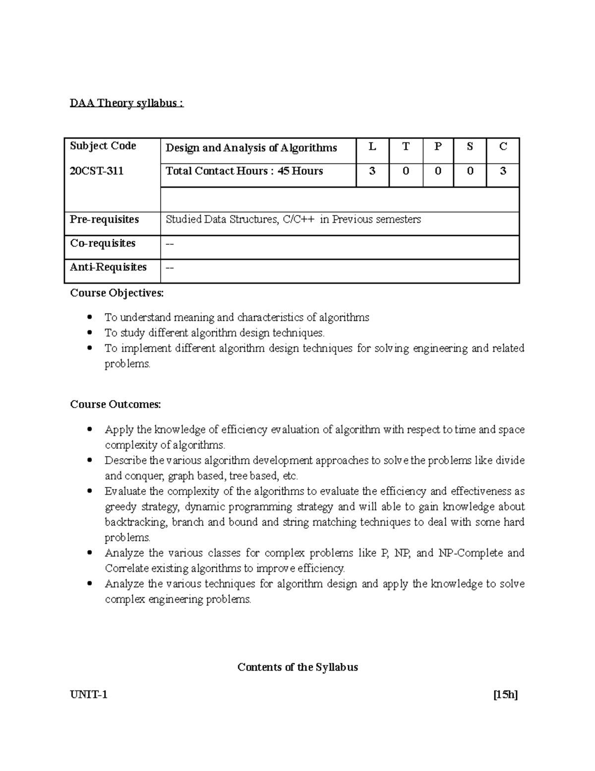 DAA Syllabus(Theory and Lab) - DAA Theory syllabus : Course Objectives ...