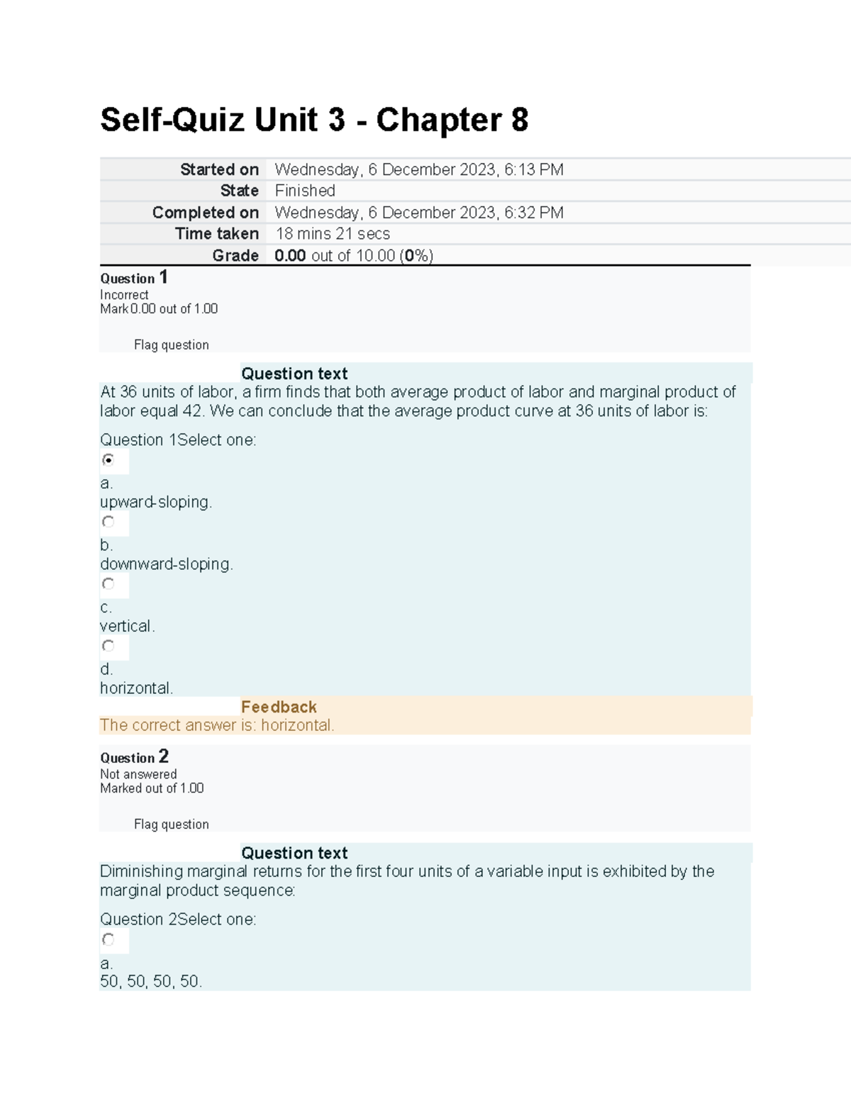 Self - Self Quiz Maths Unit 3 - Self-Quiz Unit 3 - Chapter 8 Started on Wednesday, 6 December ...