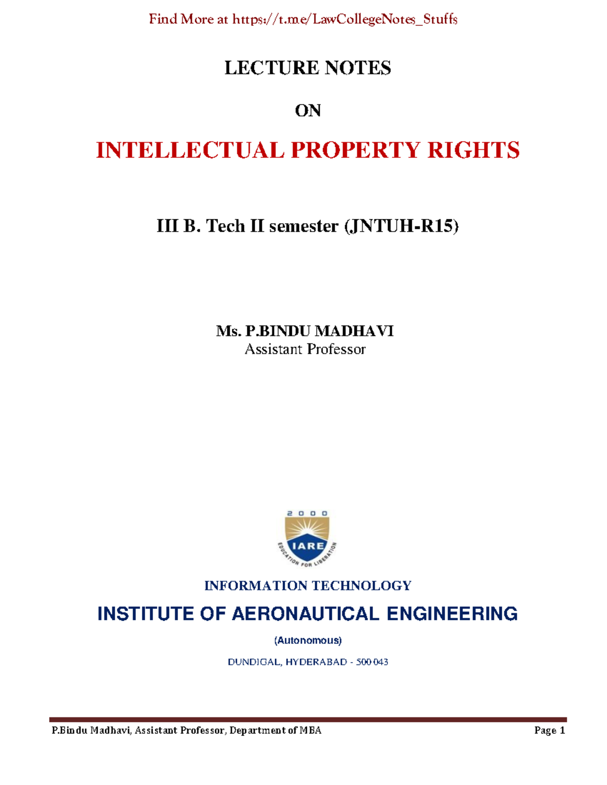IPR Notes by B. Madhavi - This very relevant note - LECTURE NOTES ON ...