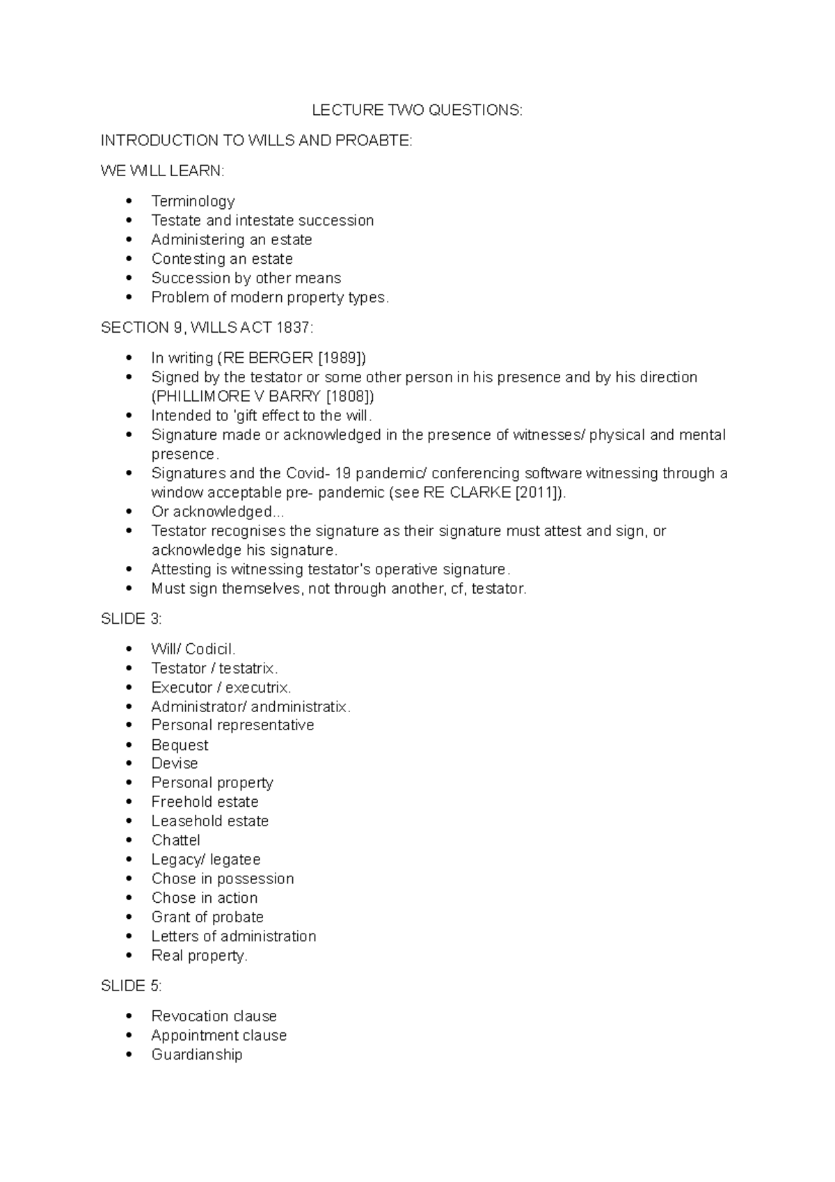 Lecture TWO Notes - LECTURE TWO QUESTIONS: INTRODUCTION TO WILLS AND ...