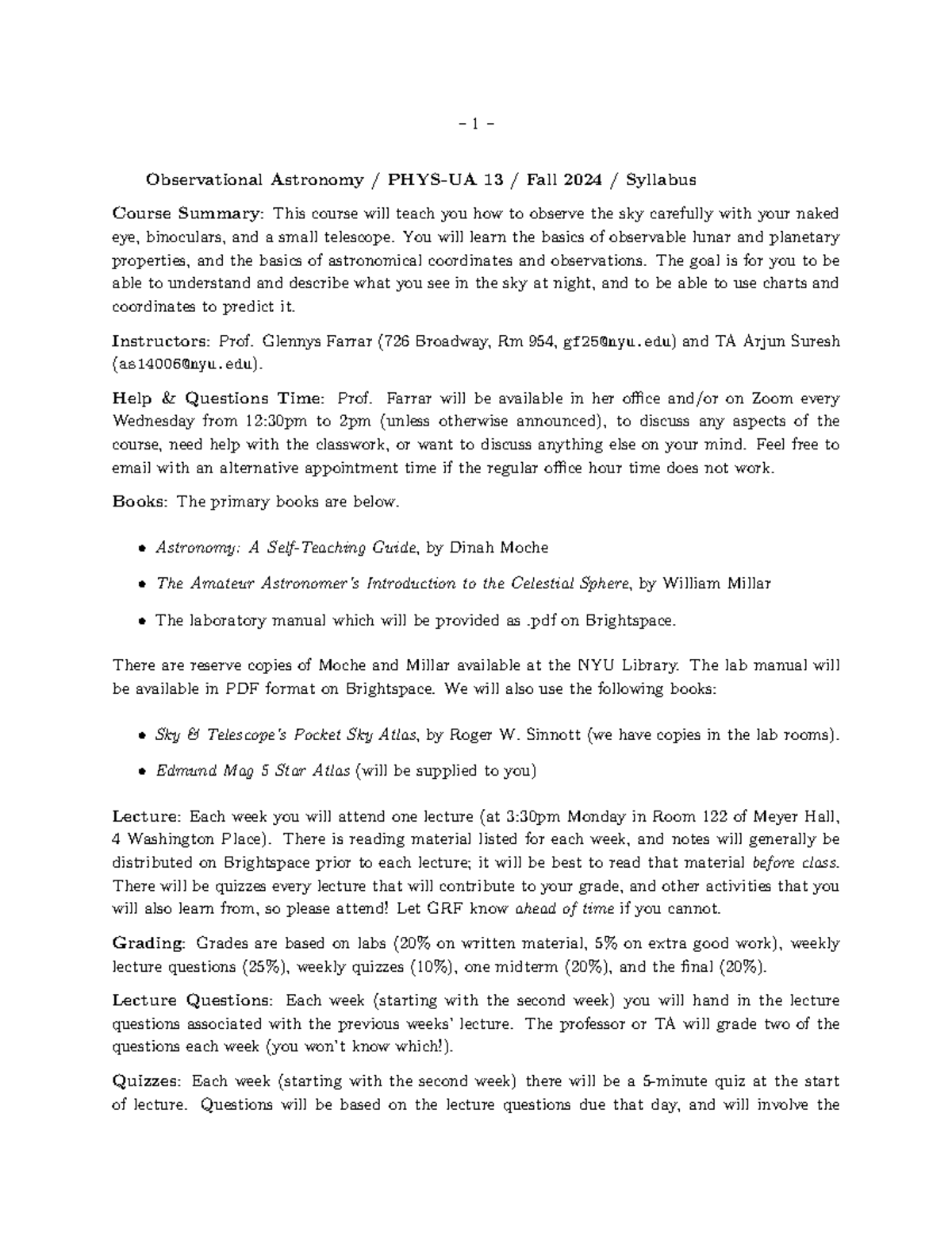 Syllabus 2024 - Observational Astronomy / PHYS-UA 13 / Fall 2024 ...