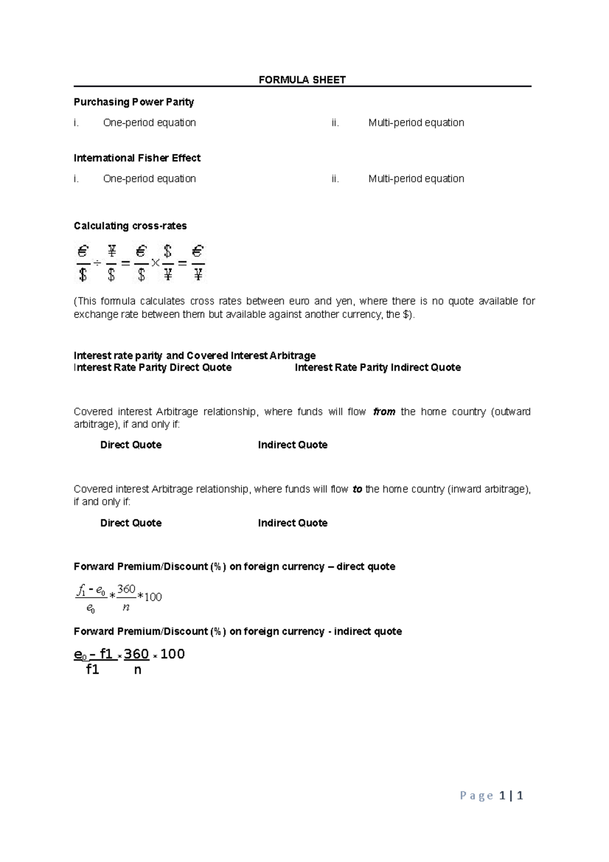 Specimen Formula Sheet - FORMULA SHEET Purchasing Power Parity i. One ...