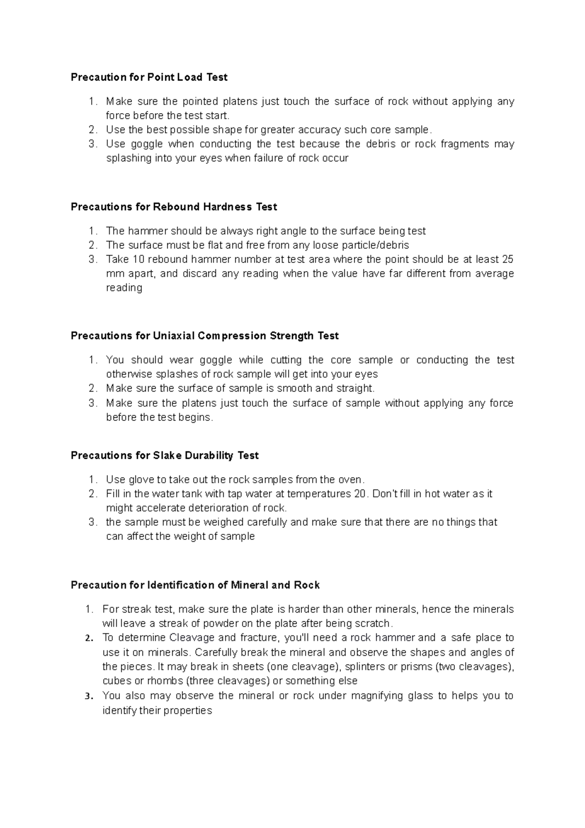 Precaution for lab work of every test - Precaution for Point Load Test ...