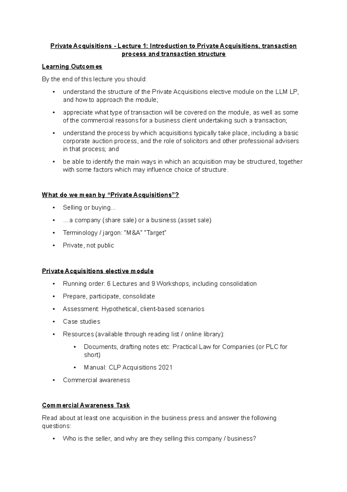 Private Acquisitions Lecture 1 Notes - Private Acquisitions - Lecture 1 ...