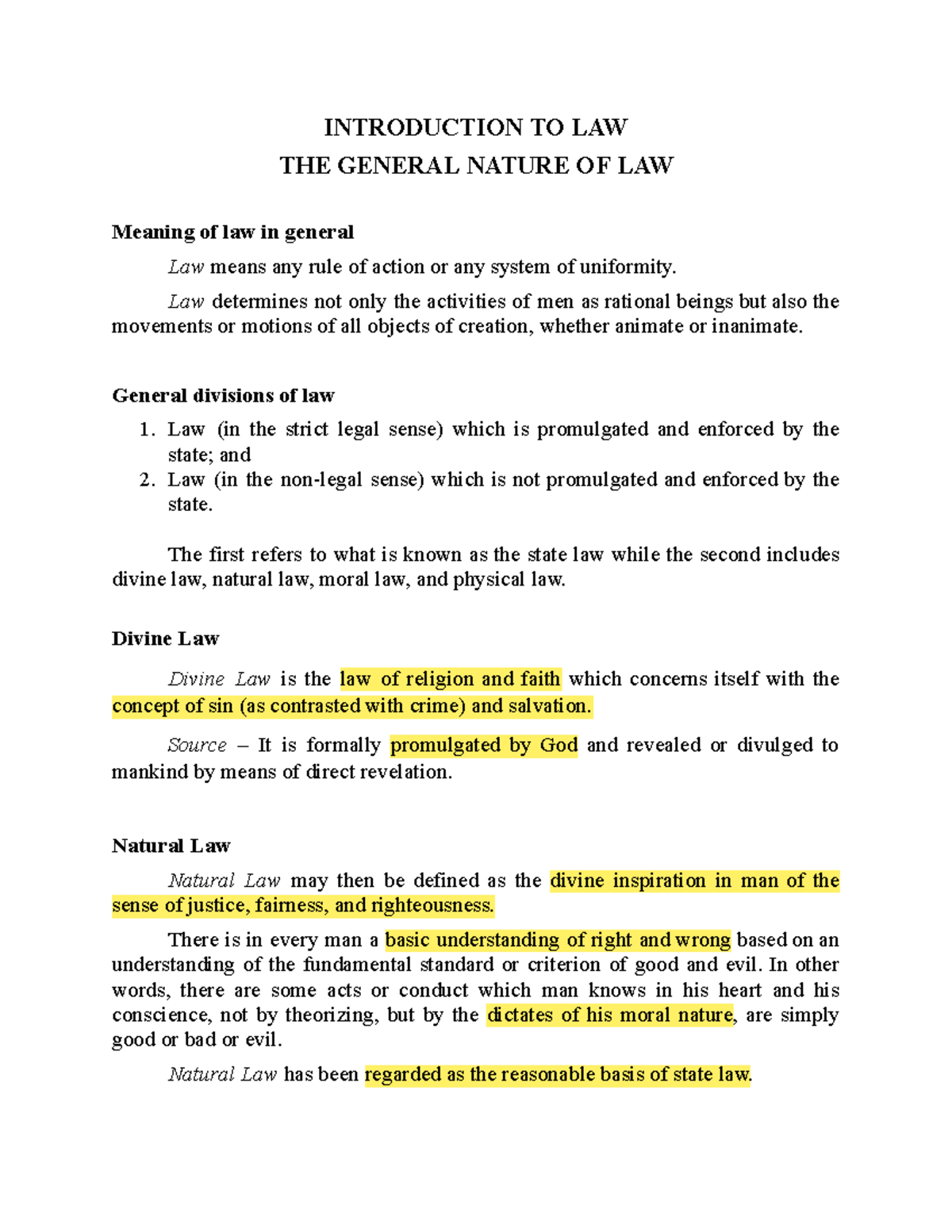 Oblicon-Summary-Chap - INTRODUCTION TO LAW THE GENERAL NATURE OF LAW ...