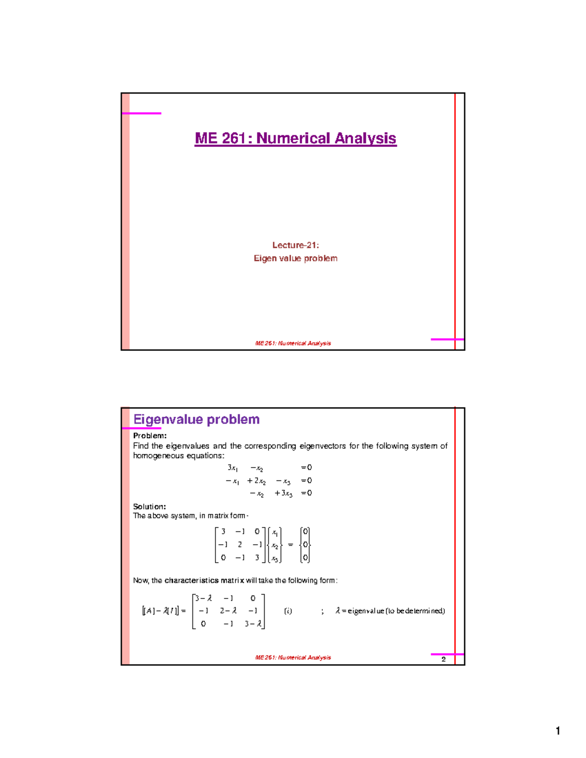 Eigen value problem - Its helpful for us - ME 261: Numerical Analysis Eigenvalue problem ME 261 ...