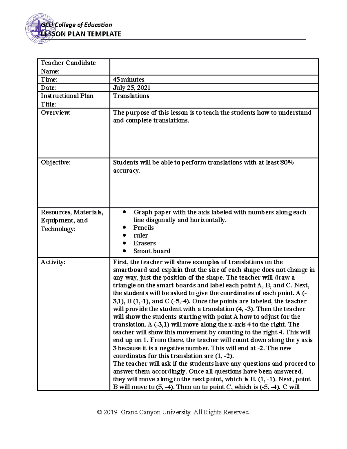 Week 5 lesson plan document - GCU College of Education LESSON PLAN ...